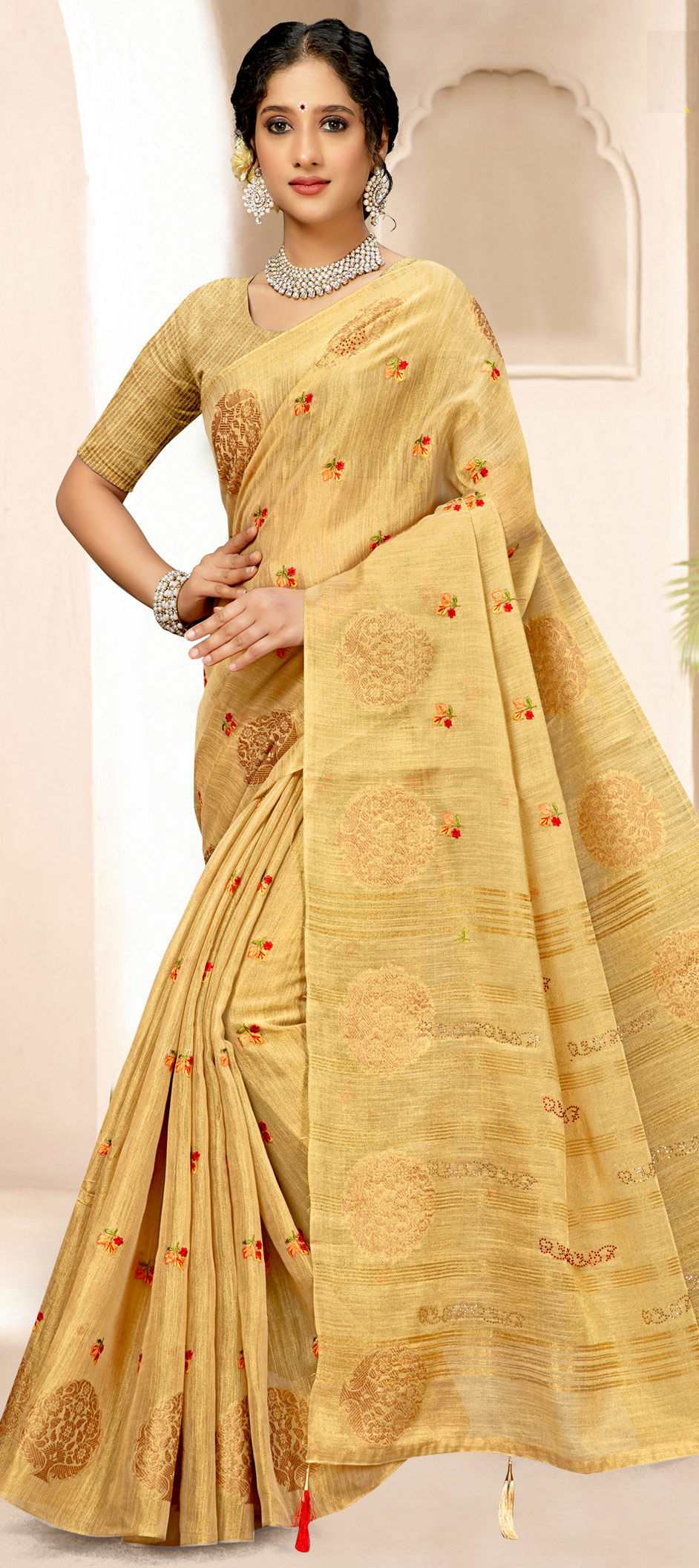 Festive Beige and Brown color Tissue fabric Saree : 1832020