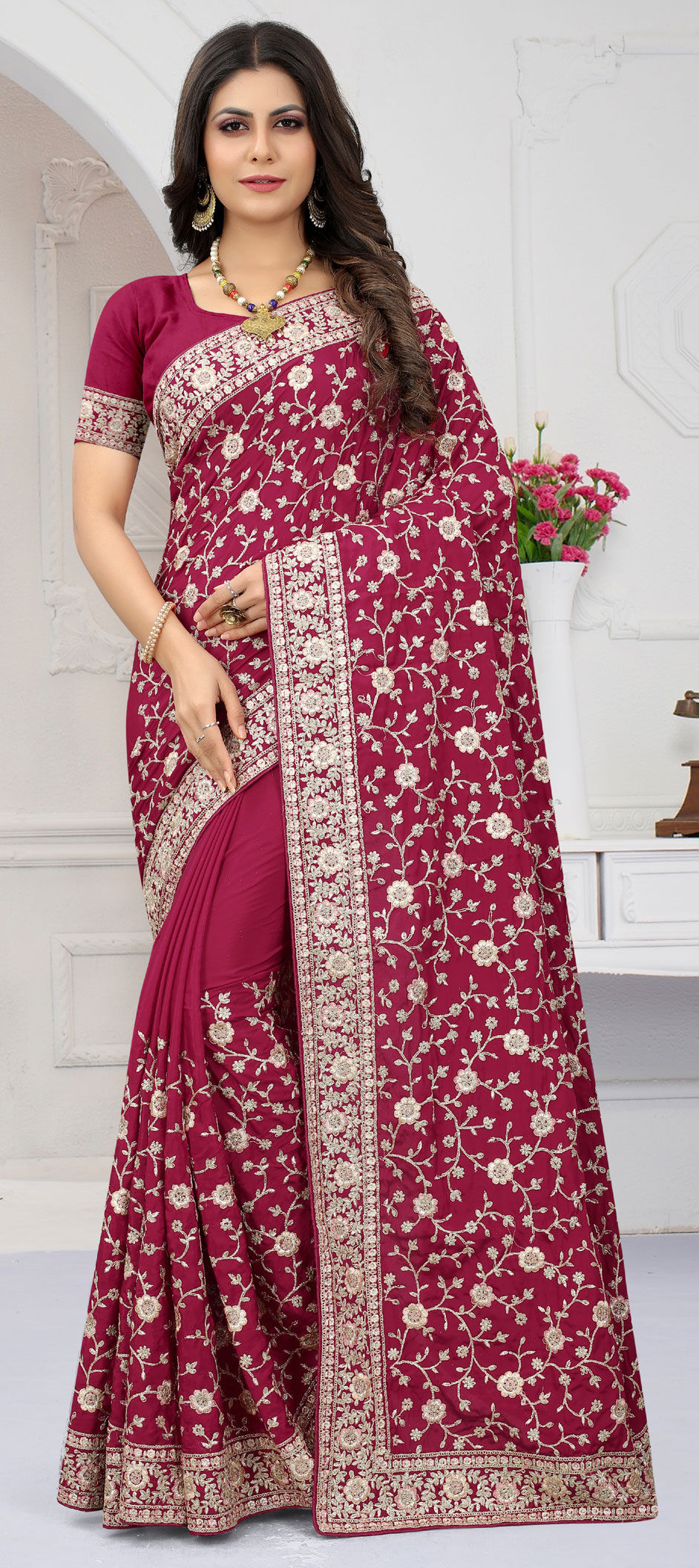 Reception, Wedding Red and Maroon color Crepe Silk fabric Saree : 1832092