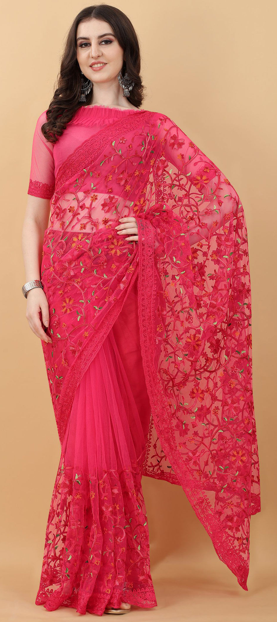 Designer, Party Wear Red and Maroon color Net fabric Saree : 1832360