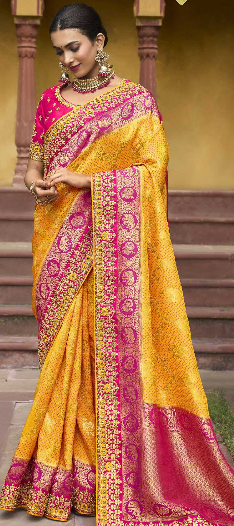 Bridal Yellow color Silk fabric Saree : 1833027