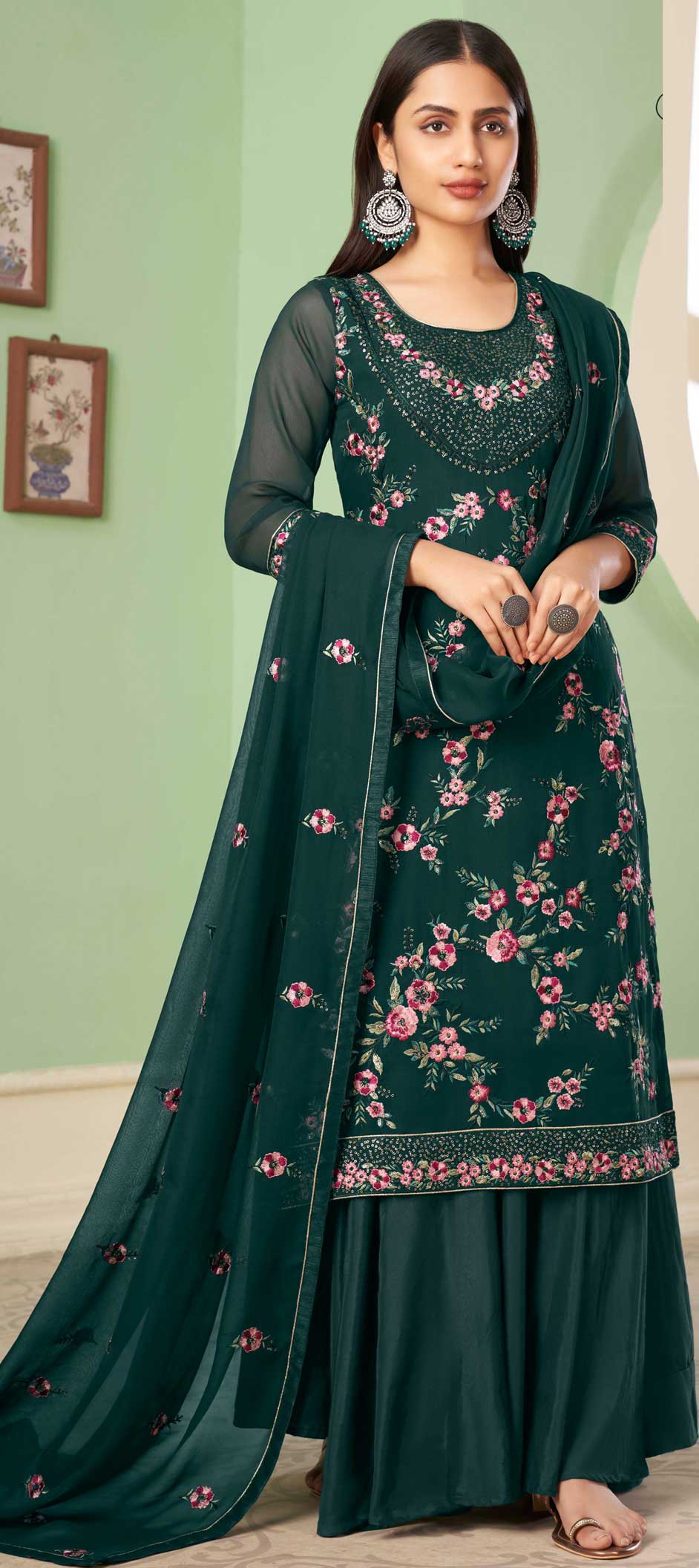 Festive, Mehendi Sangeet, Party Wear Green color Georgette fabric ...