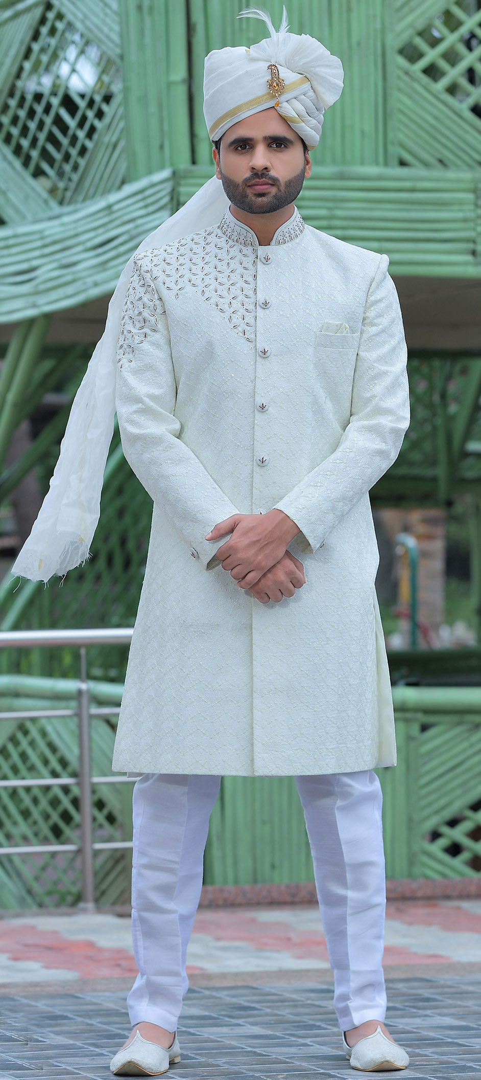 White and Off White color Art Silk fabric Sherwani : 1833233