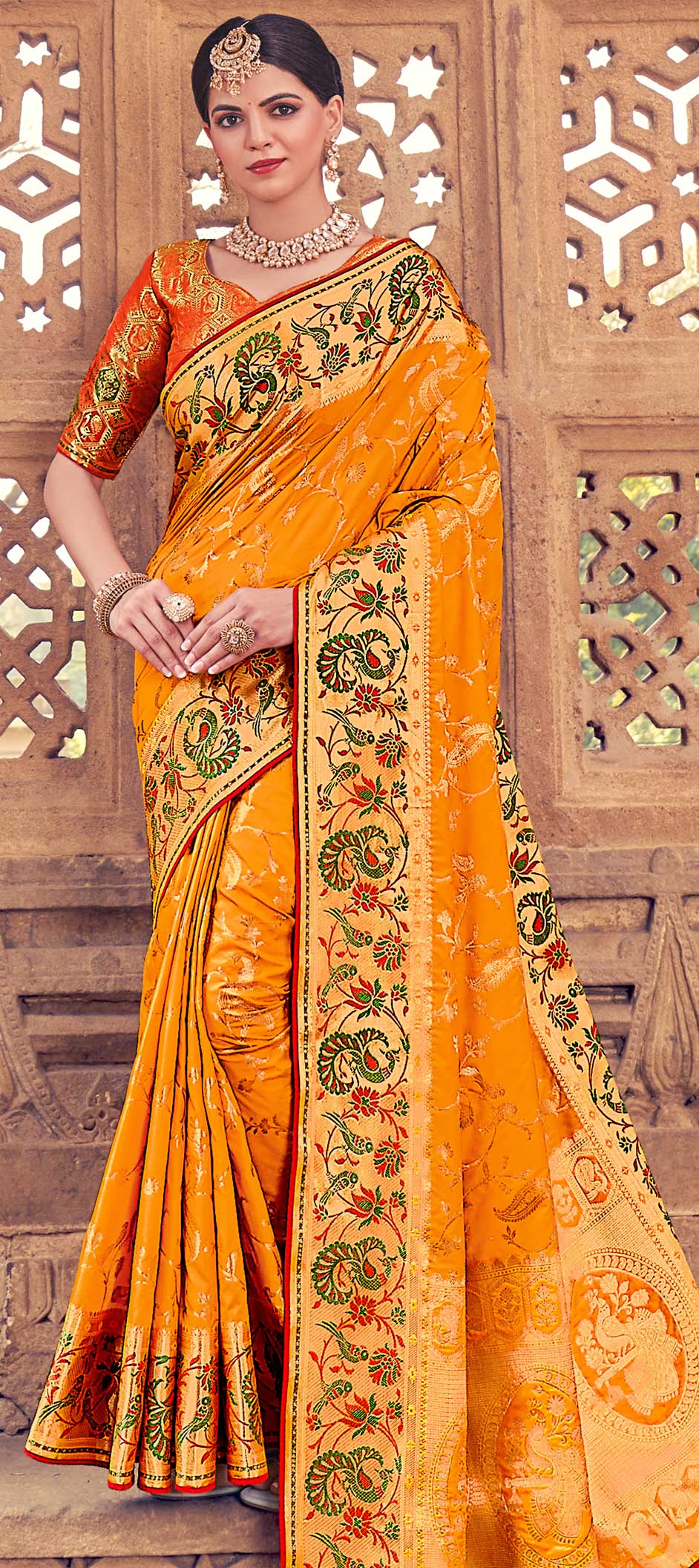 Bridal, Wedding Yellow color Silk fabric Saree : 1833494