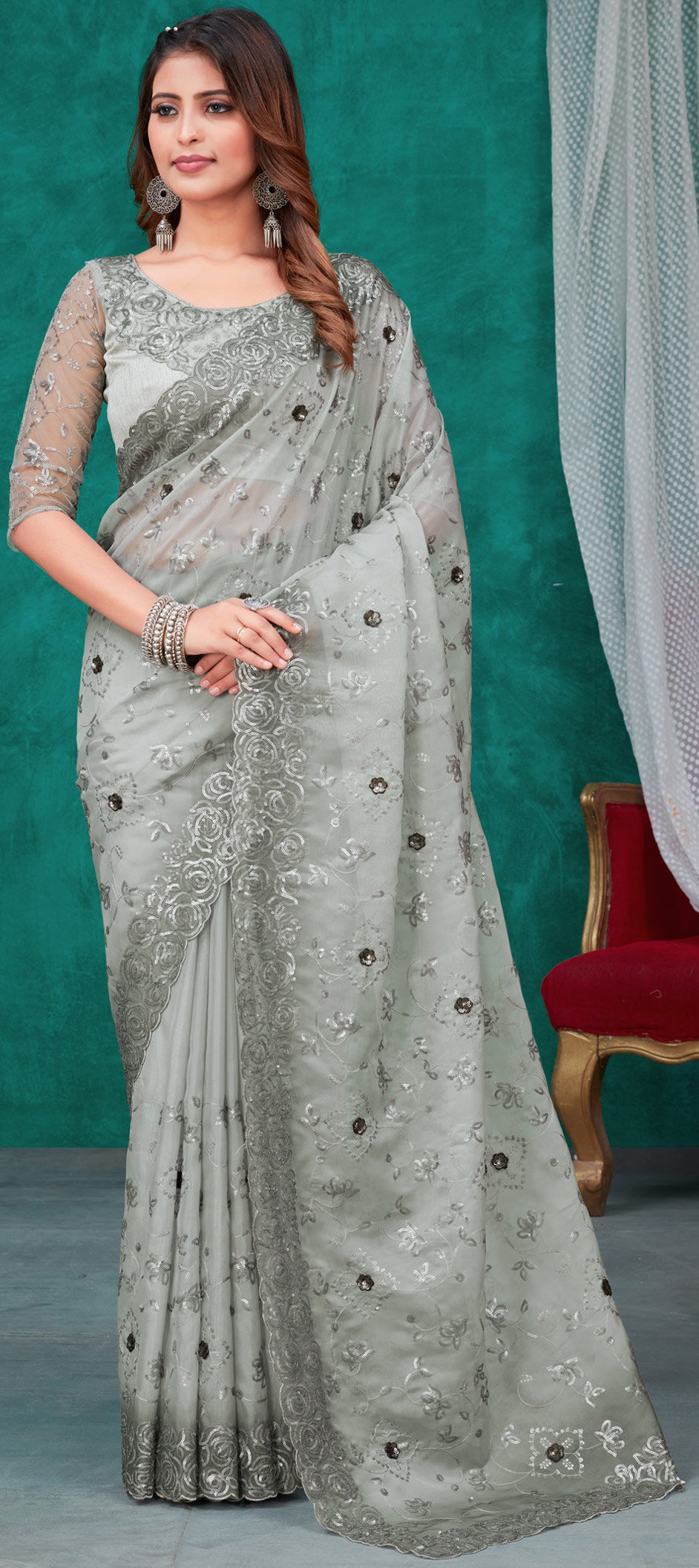Designer, Party Wear Black and Grey color Organza Silk fabric Saree ...