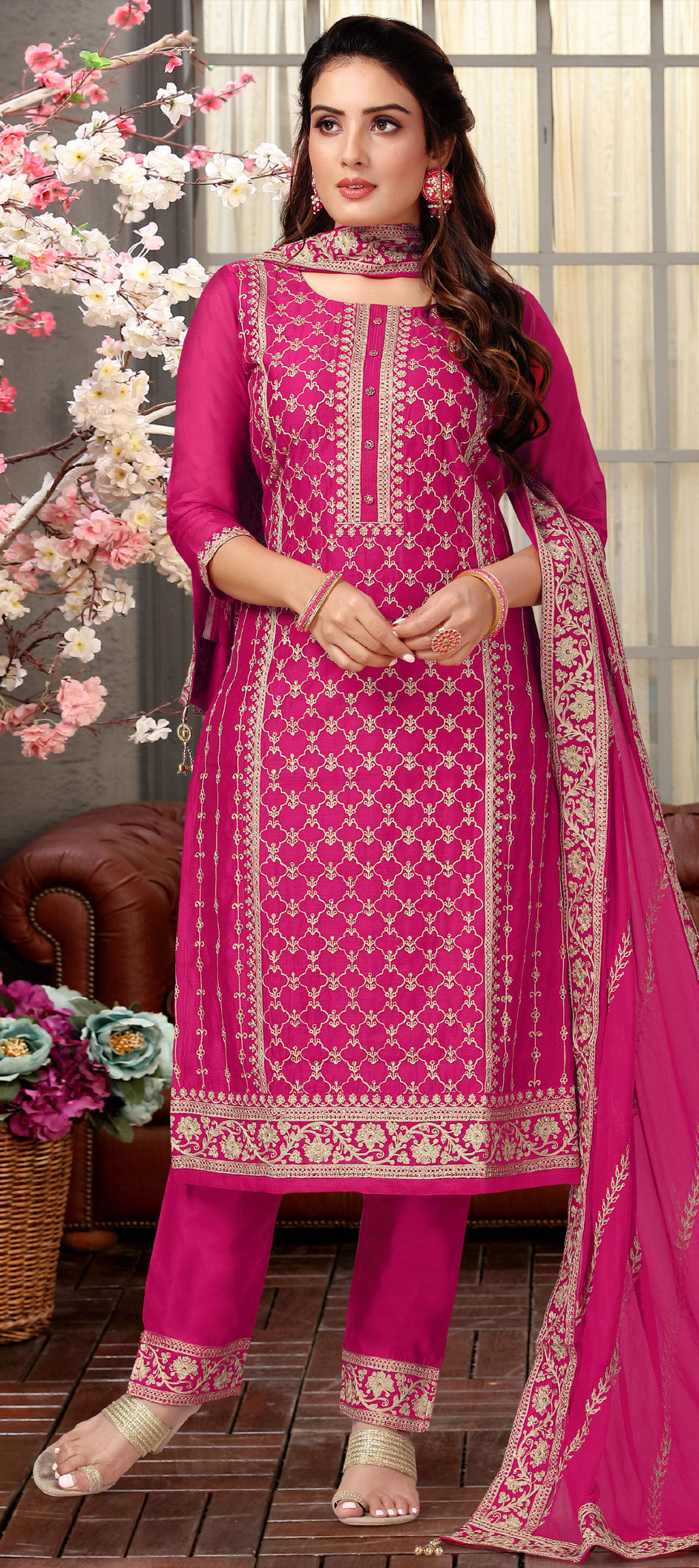 Festive, Mehendi Sangeet, Wedding Pink and Majenta color Silk fabric ...