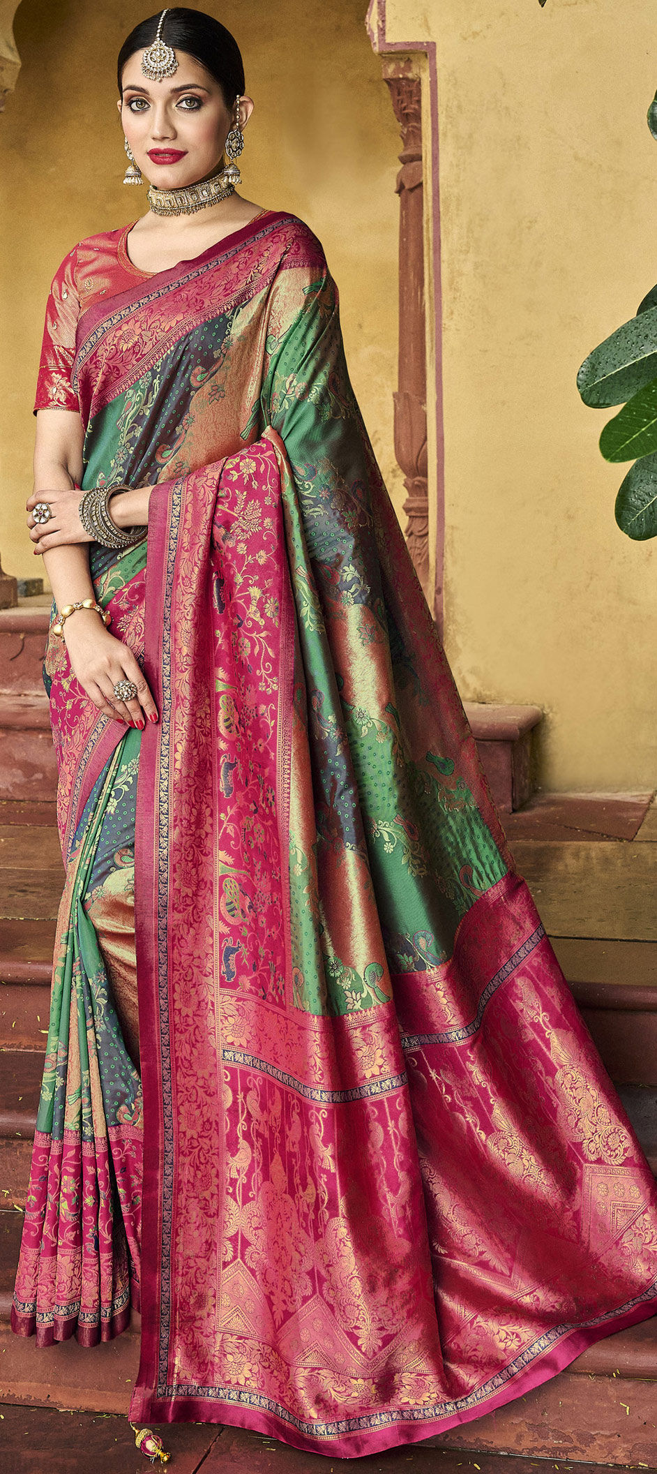 Bridal, Reception, Wedding Green, Pink and Majenta color Silk, Tissue ...