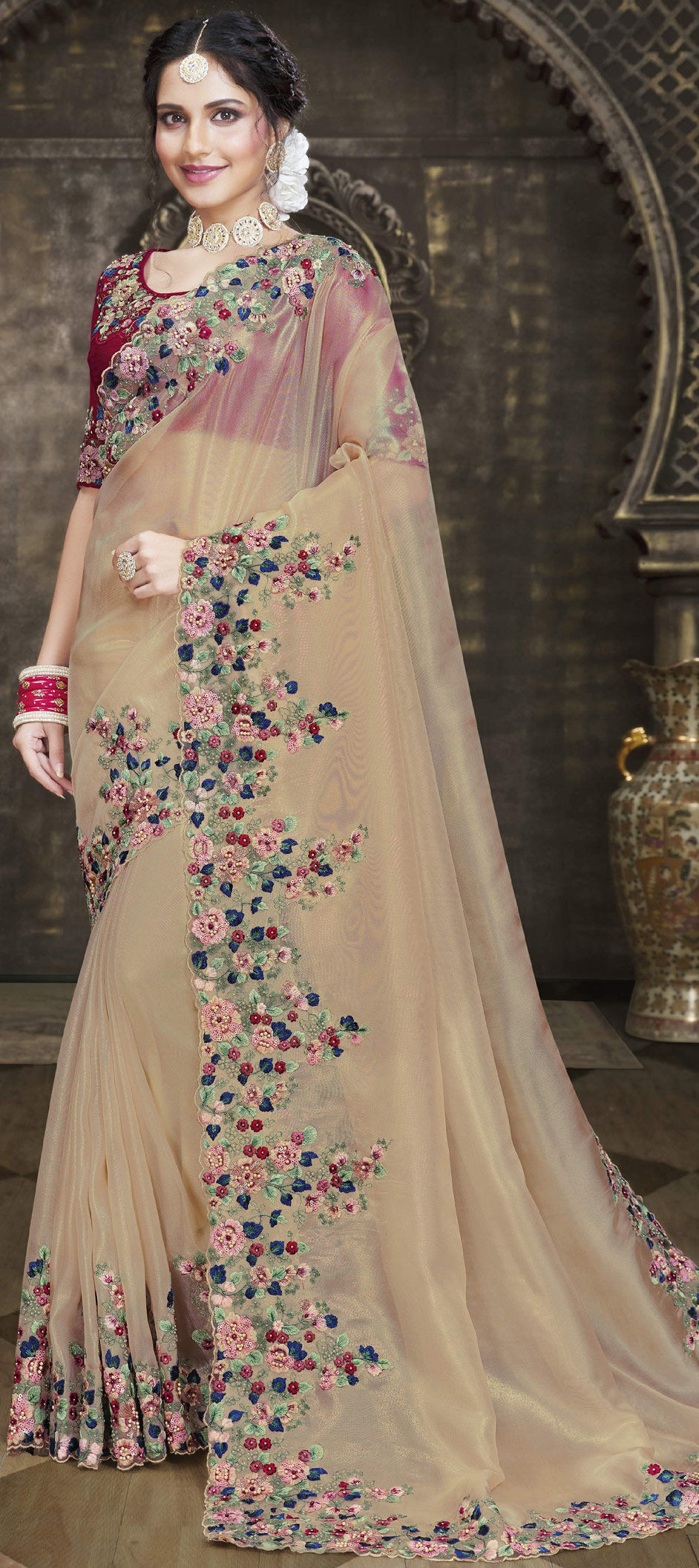 Engagement, Traditional, Wedding Beige and Brown color Tissue fabric ...