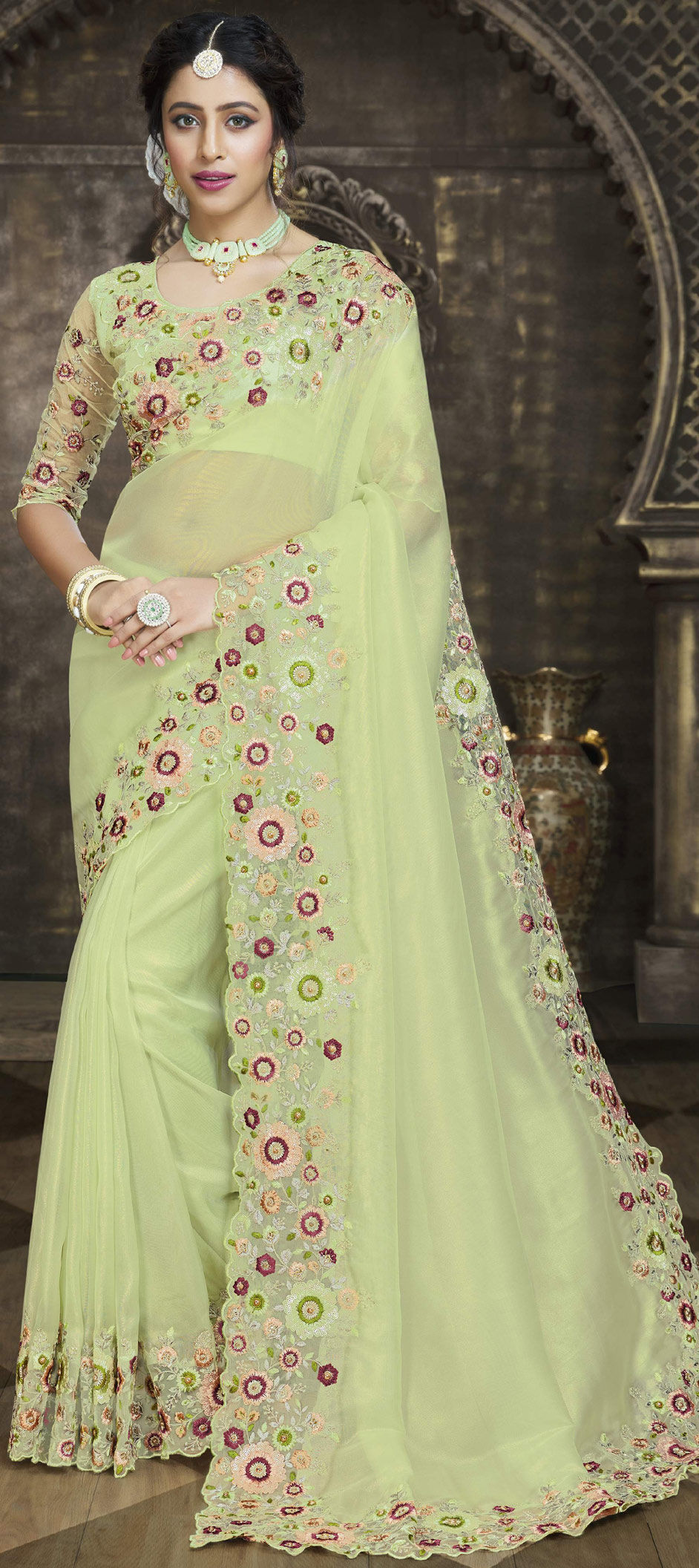 Engagement, Traditional, Wedding Green color Tissue fabric Saree : 1834504