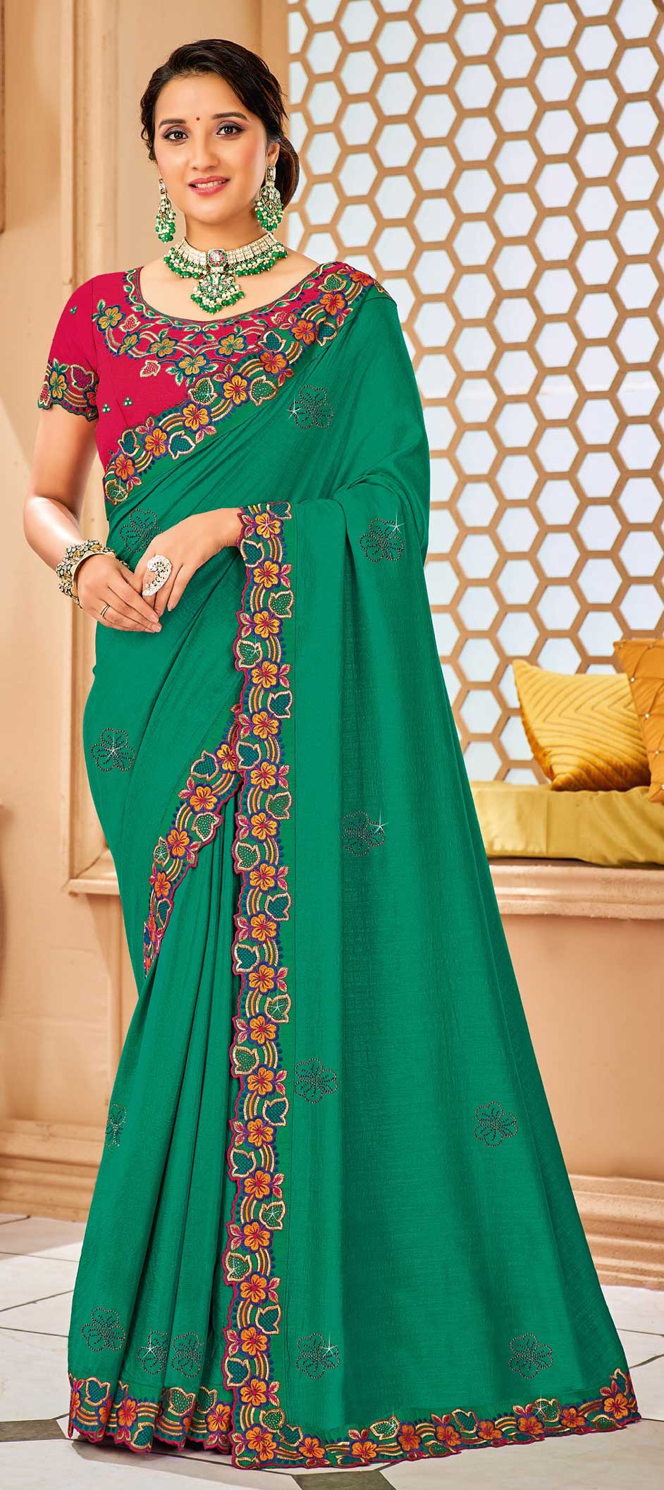 Reception, Traditional Green color Raw Silk, Silk fabric Saree : 1834575