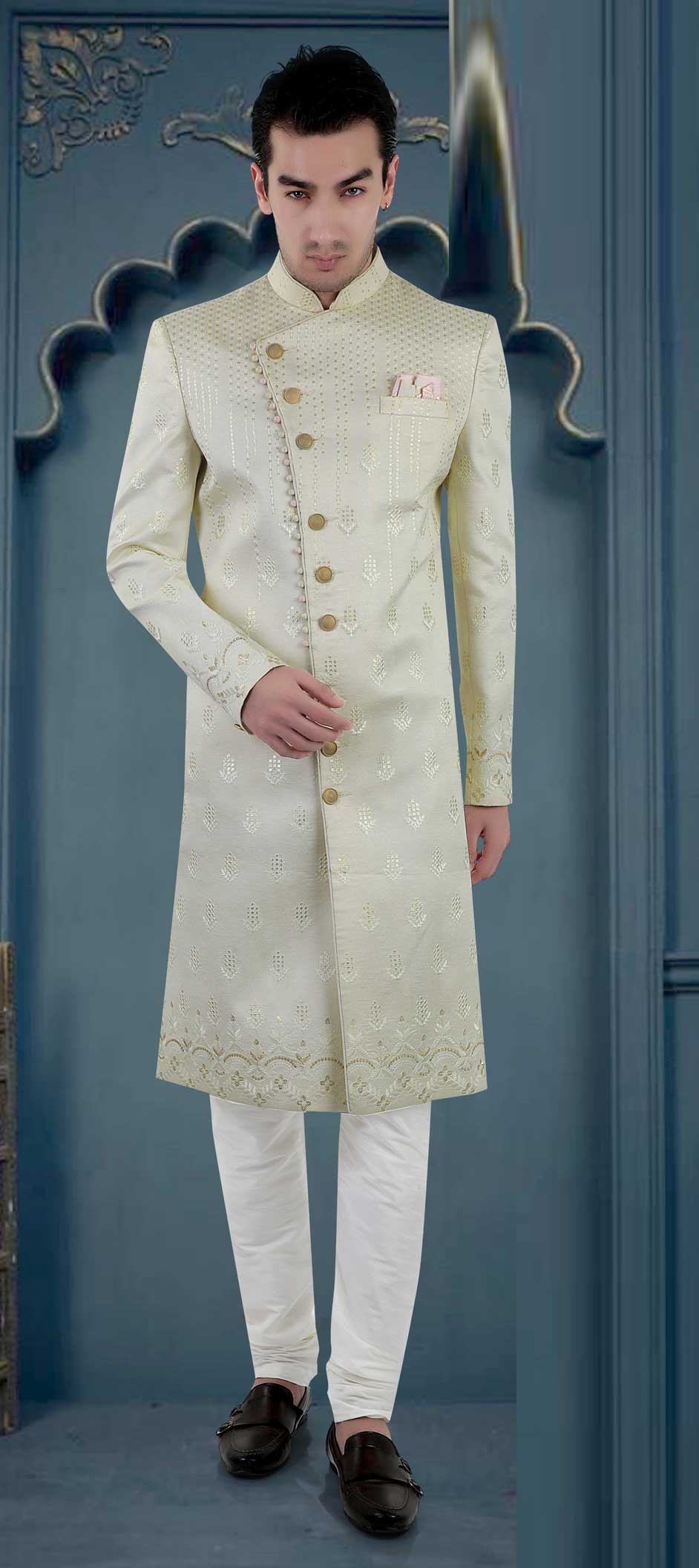 Beige and Brown color Brocade fabric Sherwani : 1834676