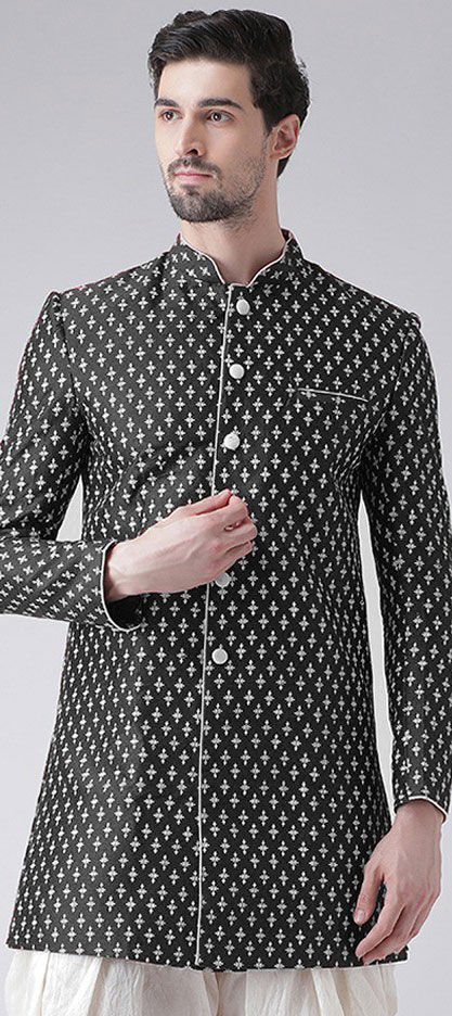 Black and Grey color Dupion Silk fabric Kurta : 1834837