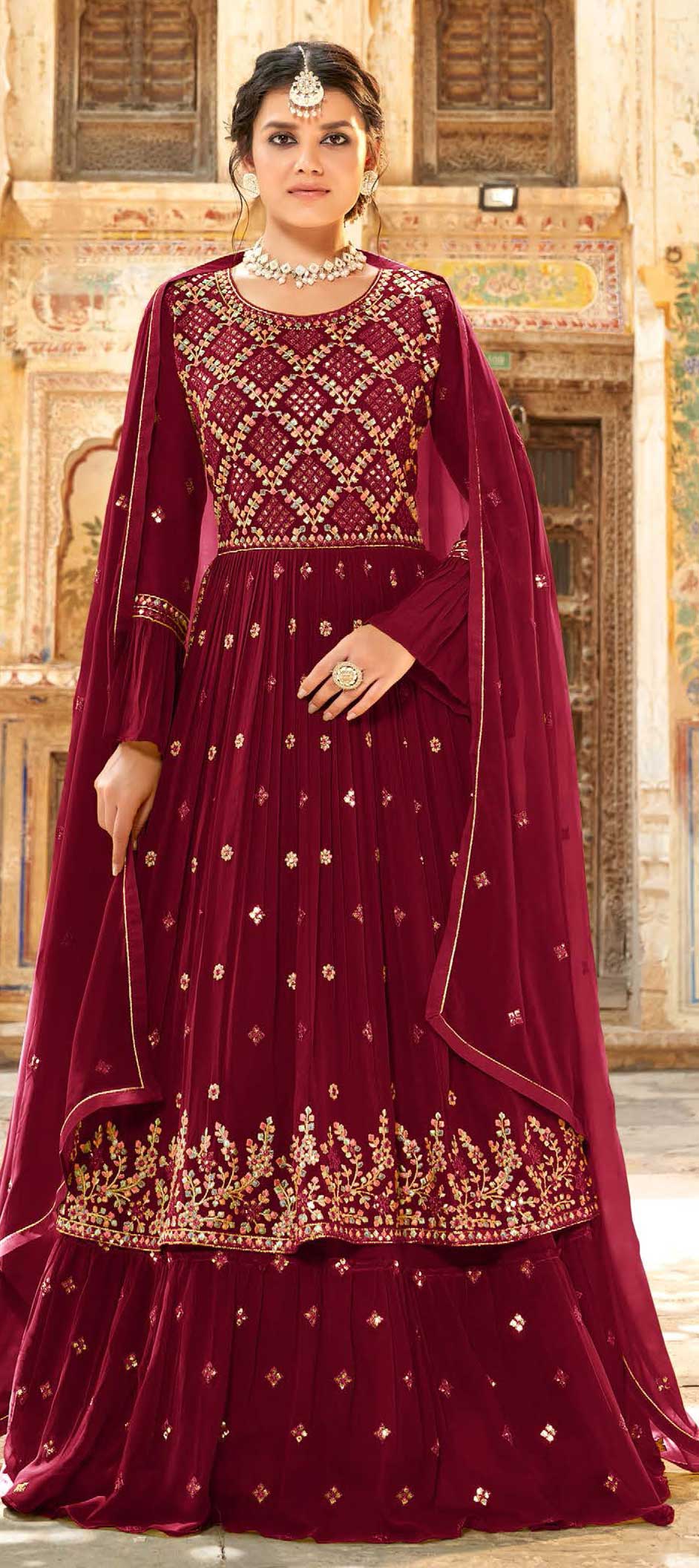 Mehendi Sangeet, Reception Red and Maroon color Georgette fabric Long ...