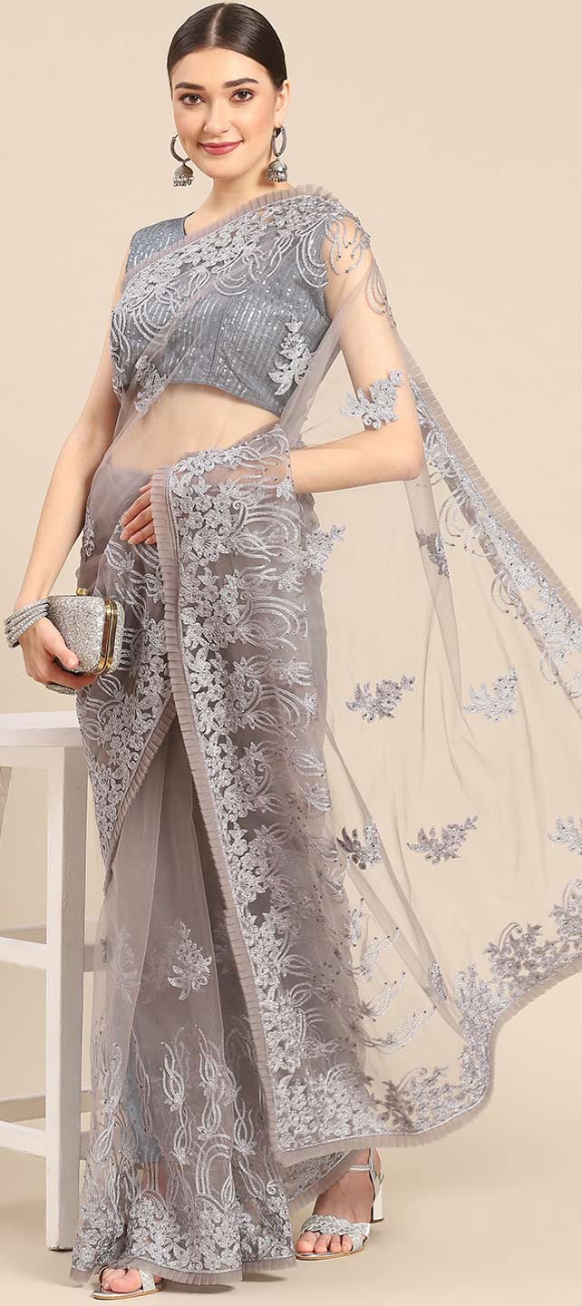 Festive, Party Wear Black and Grey color Net fabric Saree : 1836150
