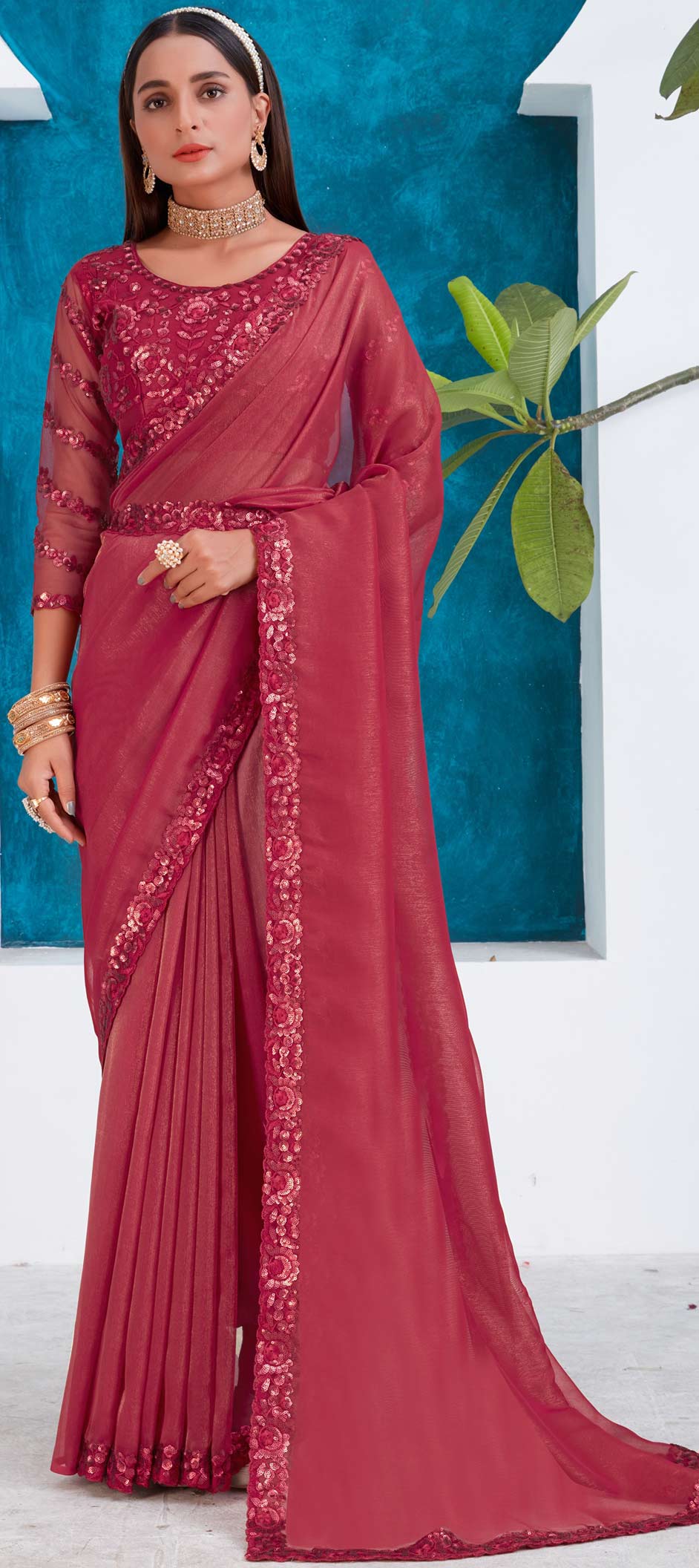 Party Wear, Reception, Wedding Red and Maroon color Organza Silk fabric ...