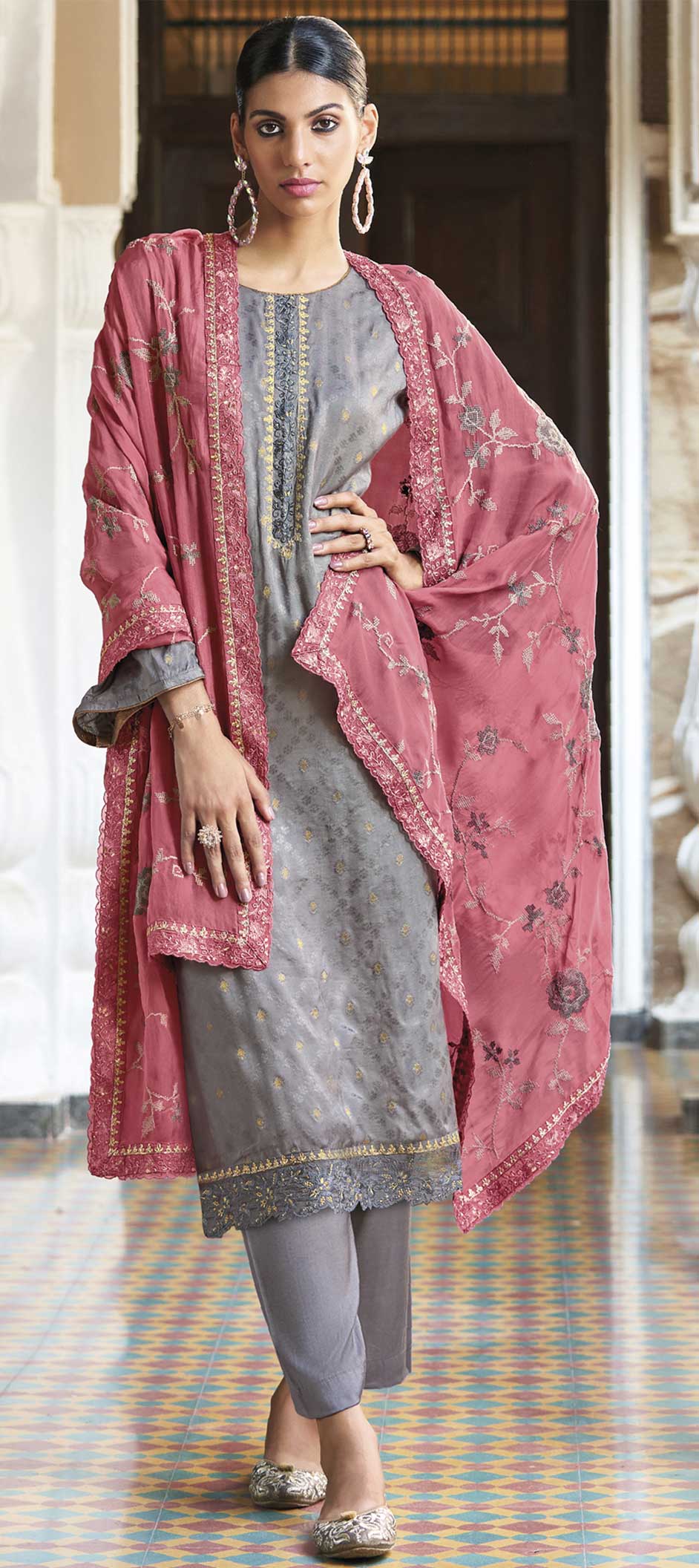 Festive, Party Wear, Reception Black and Grey color Jacquard fabric ...