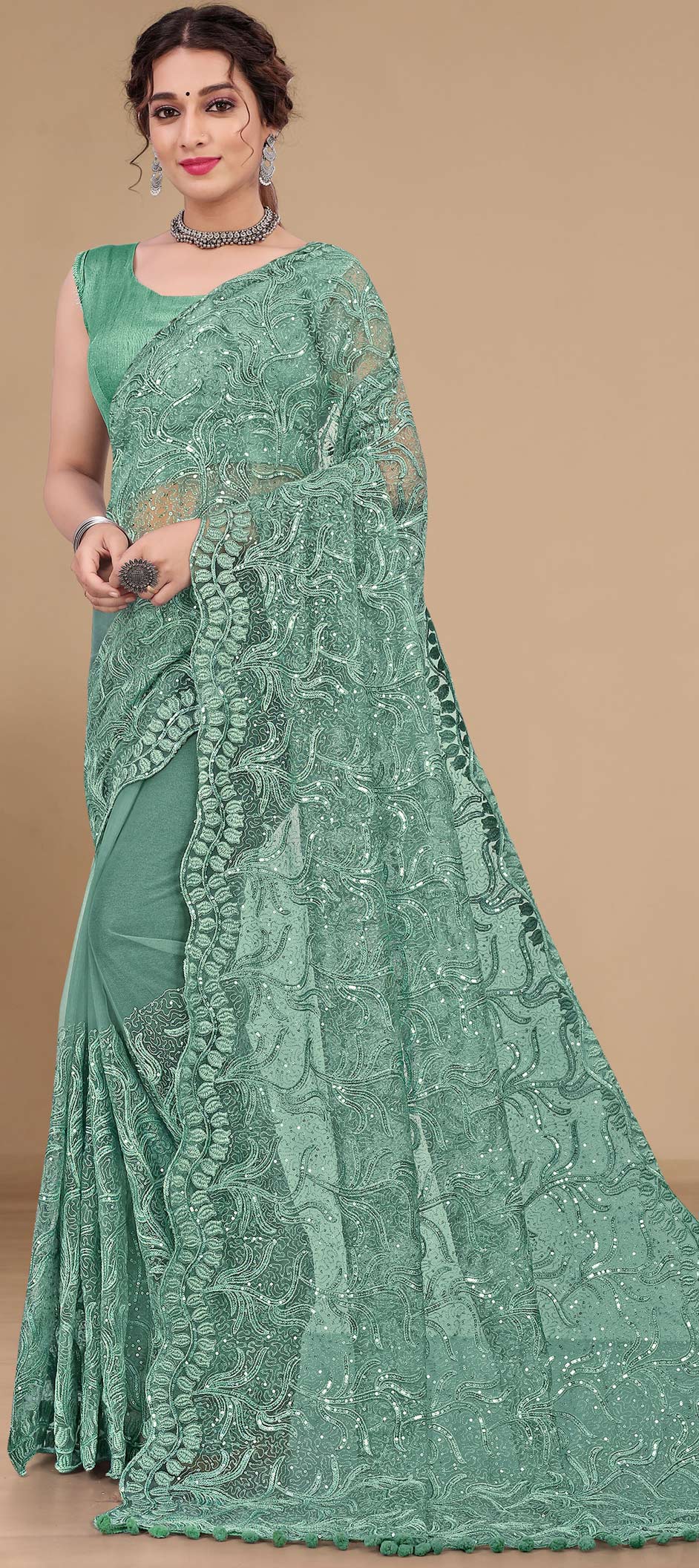 Party Wear, Reception Green color Net fabric Saree : 1837129