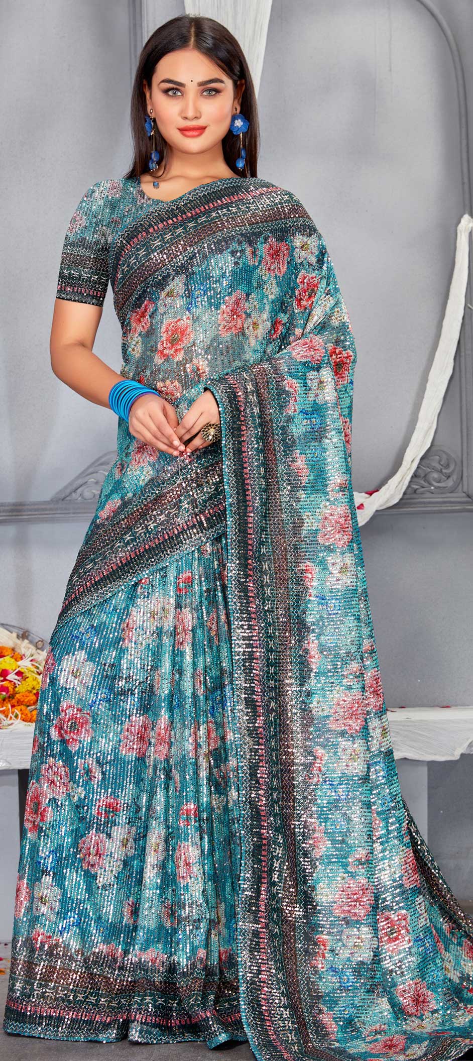 Reception, Wedding Blue color Net fabric Saree : 1840489