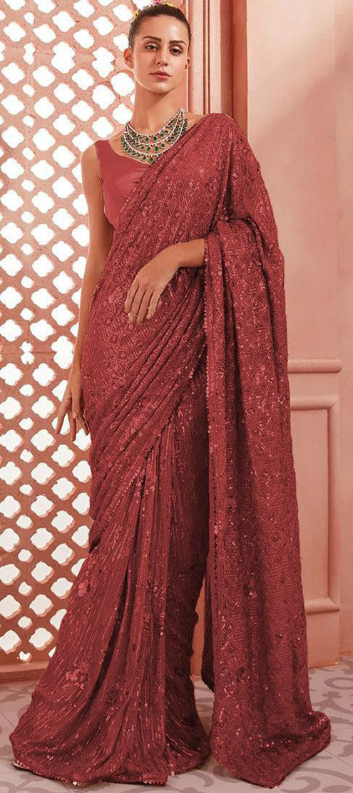 Festive, Party Wear, Reception Red and Maroon color Georgette fabric ...