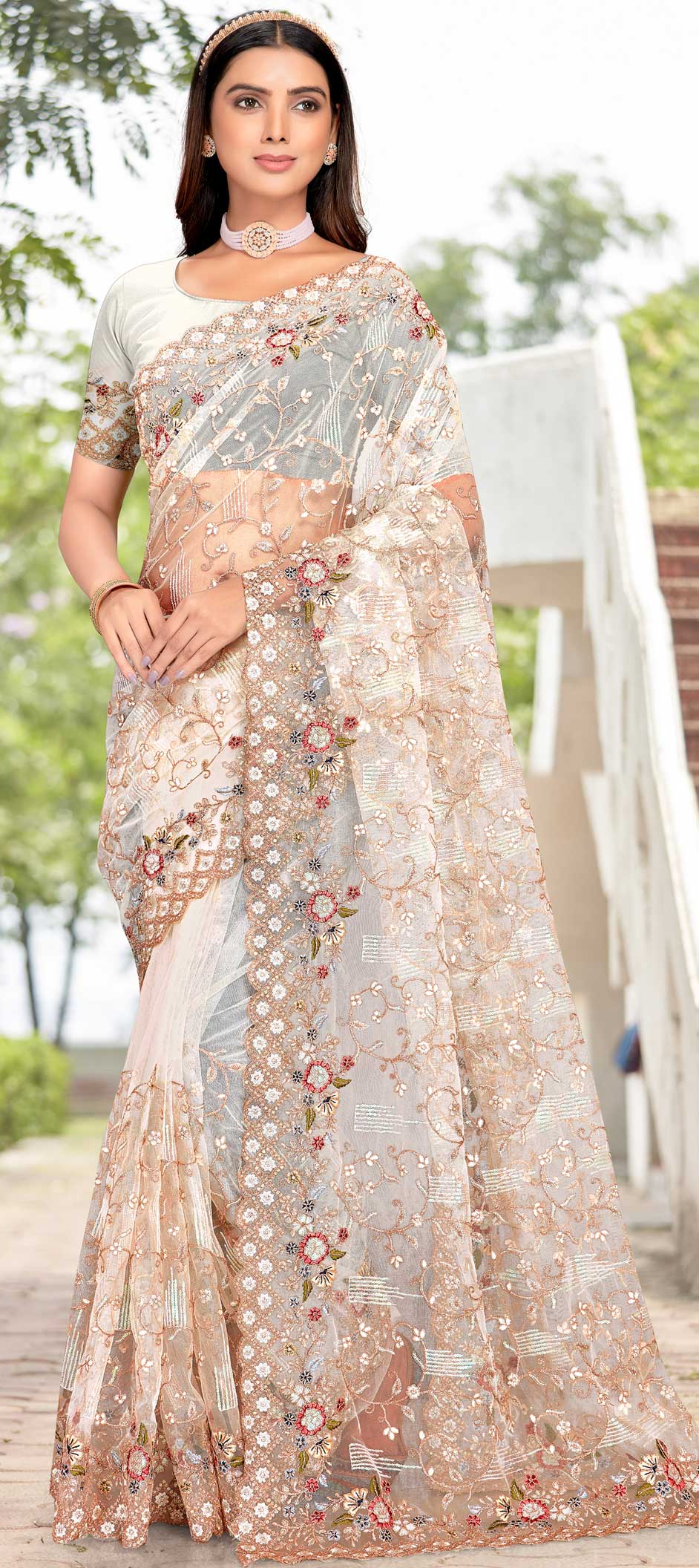 Reception, Wedding White and Off White color Net fabric Saree : 1841438