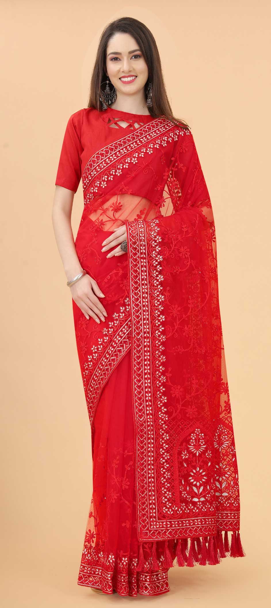 Festive, Party Wear, Reception Red and Maroon color Net fabric Saree ...