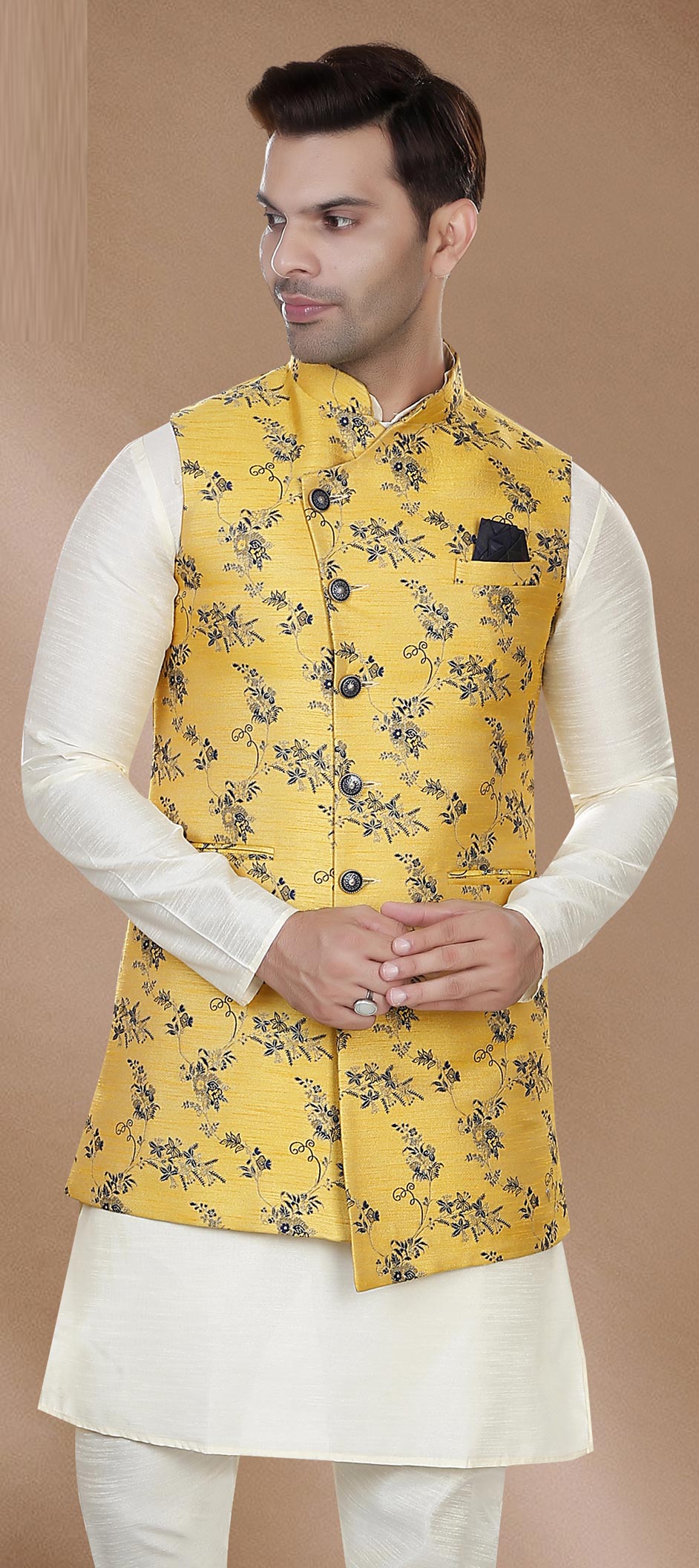 Yellow color Jacquard fabric Nehru Jacket : 1842619