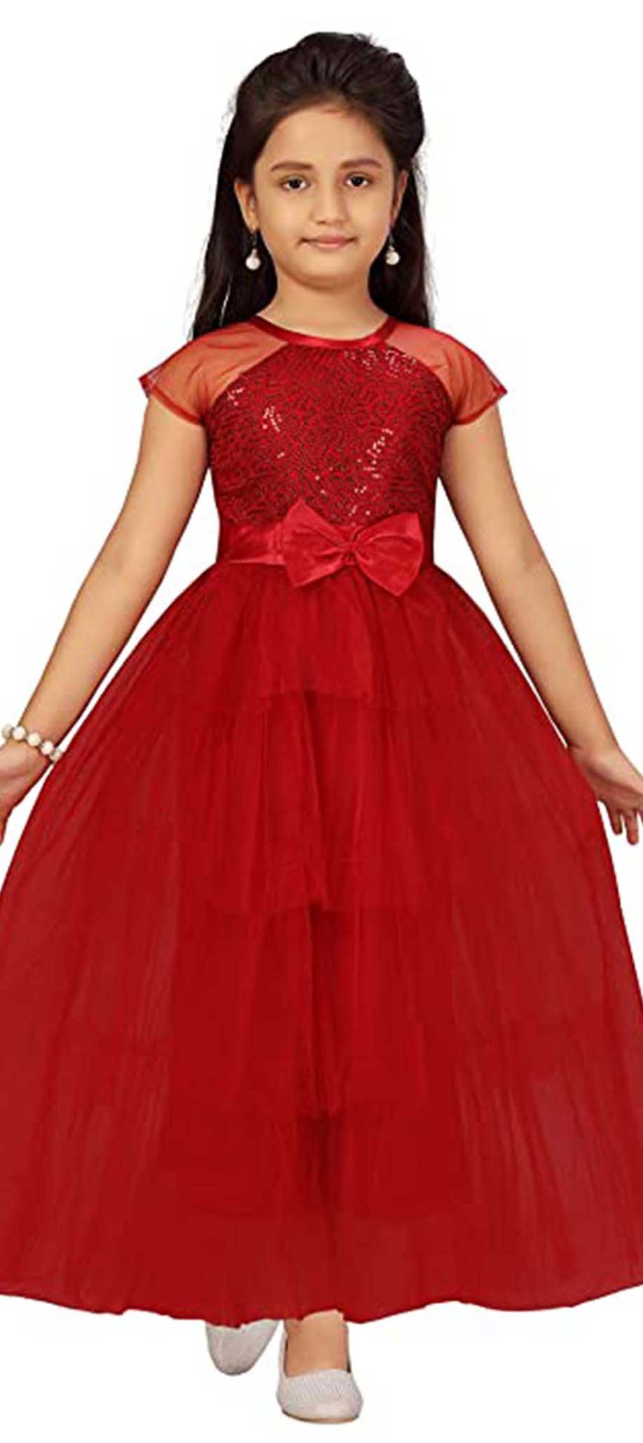 Red and Maroon color Net fabric Girls Gown : 1843131