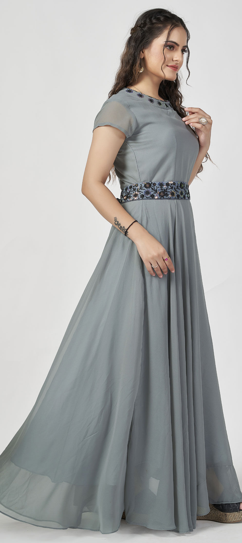 Party Wear Black and Grey color Georgette fabric Gown : 1843499