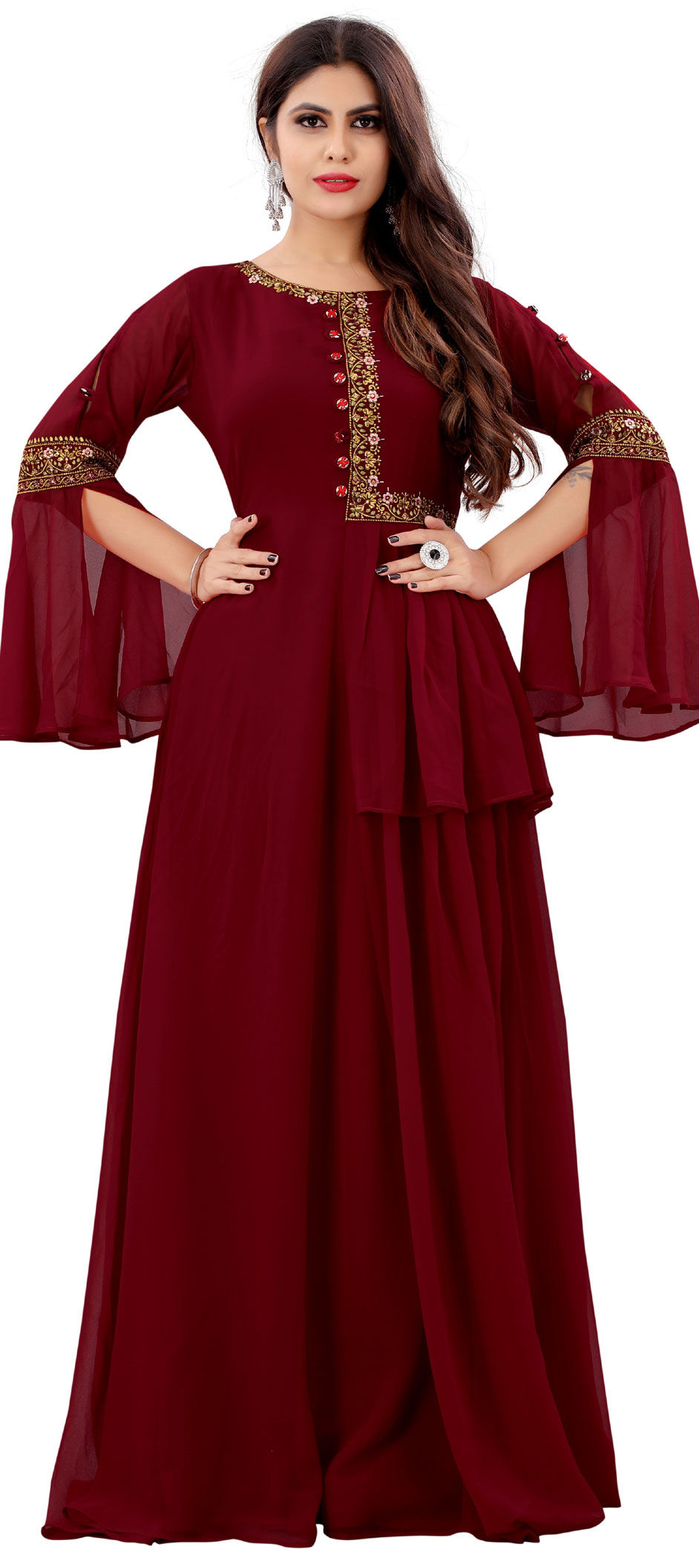 Party Wear Red and Maroon color Georgette fabric Gown : 1843533