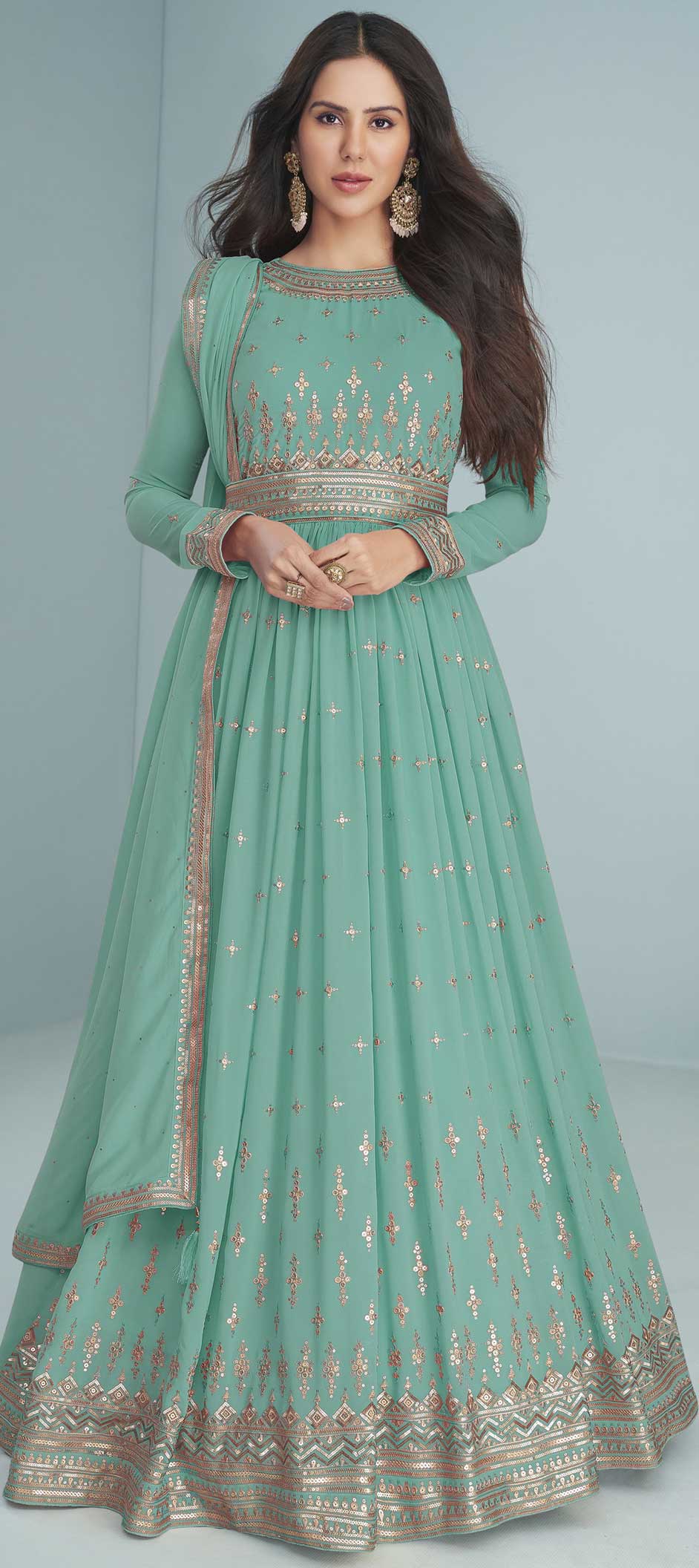 Mehendi Sangeet, Reception, Wedding Green color Faux Georgette fabric ...