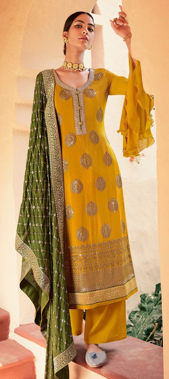 Festive, Mehendi Sangeet Yellow color Crepe Silk fabric Salwar Kameez ...