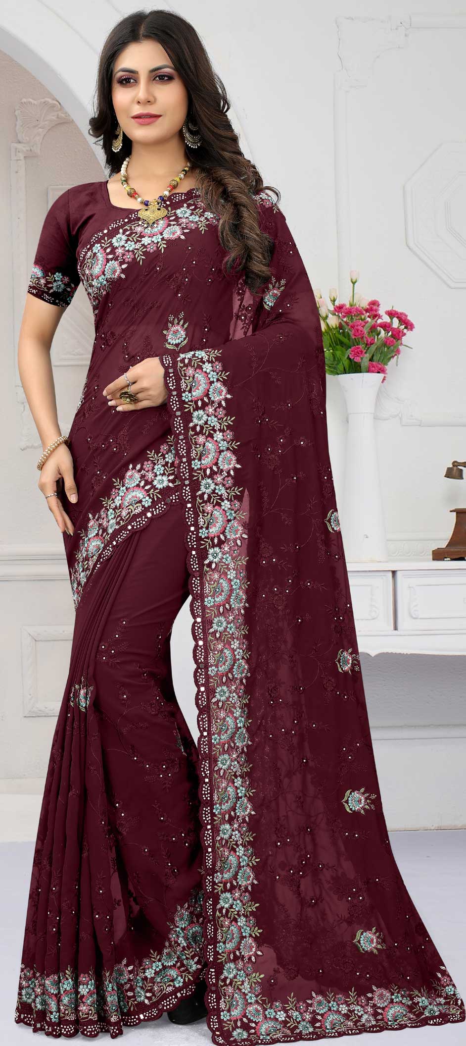 Festive, Reception, Wedding Red and Maroon color Georgette fabric Saree ...