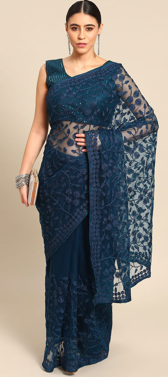 Party Wear Blue color Net fabric Saree : 1845534