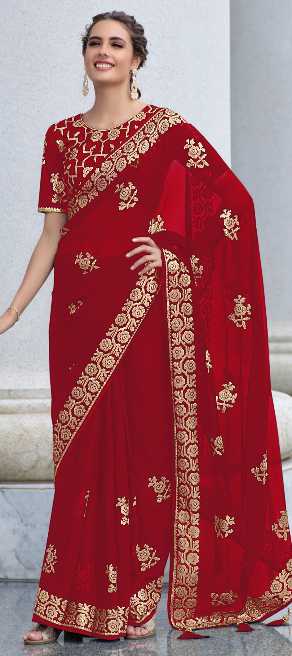 Festive, Reception, Wedding Red and Maroon color Shimmer fabric Saree ...