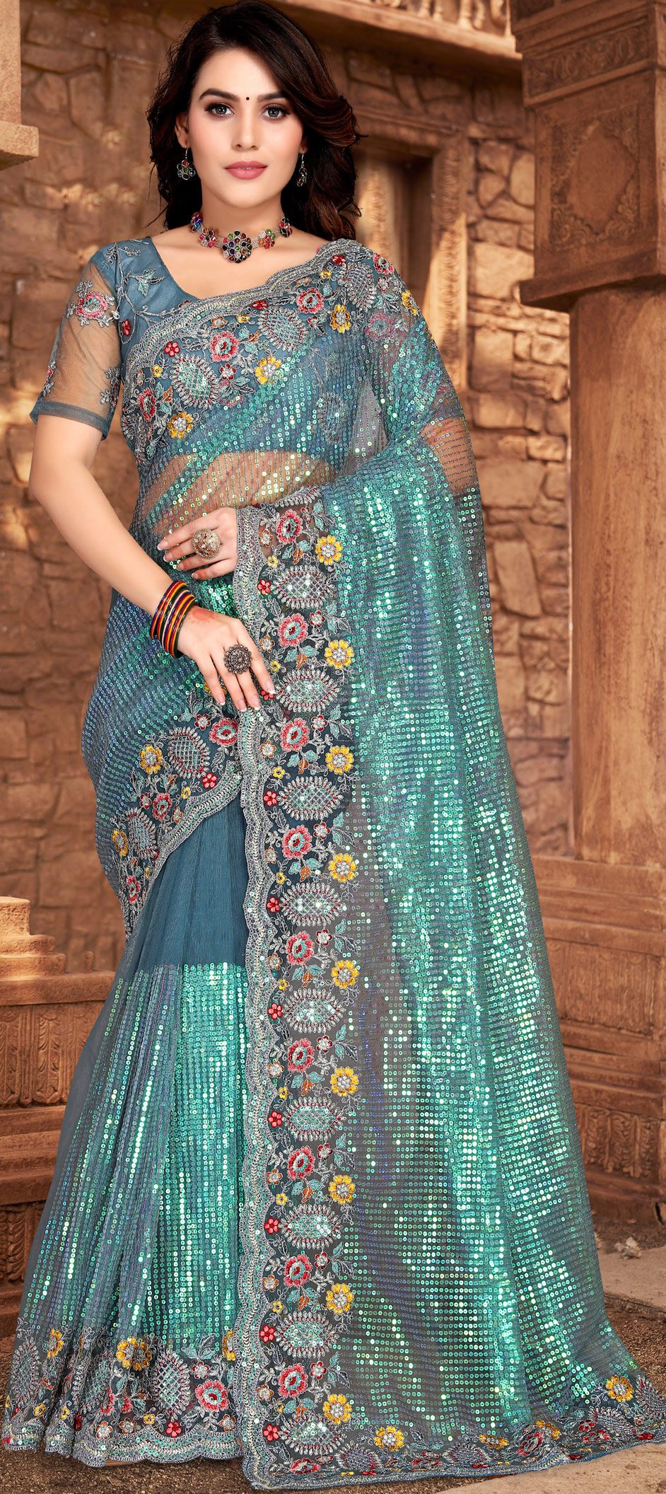 Reception, Wedding Blue color Net fabric Saree : 1846302