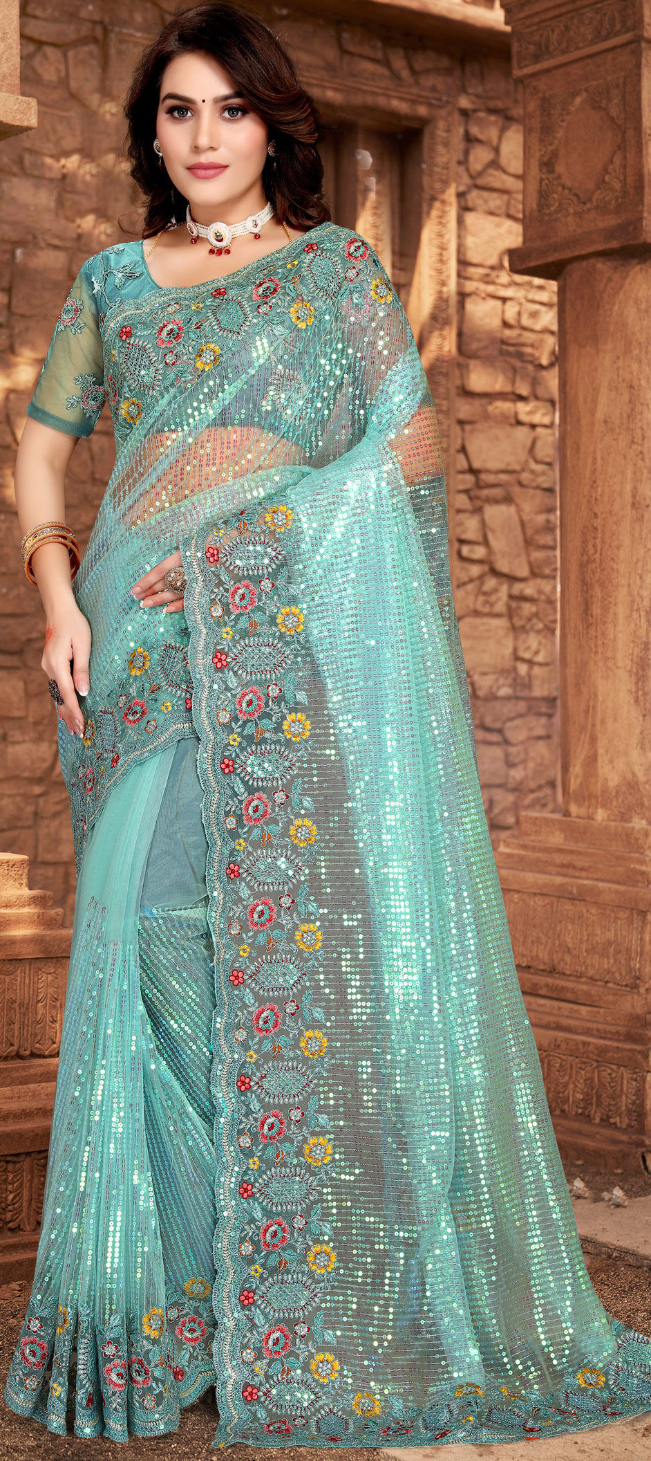 Reception, Wedding Blue color Net fabric Saree : 1846311