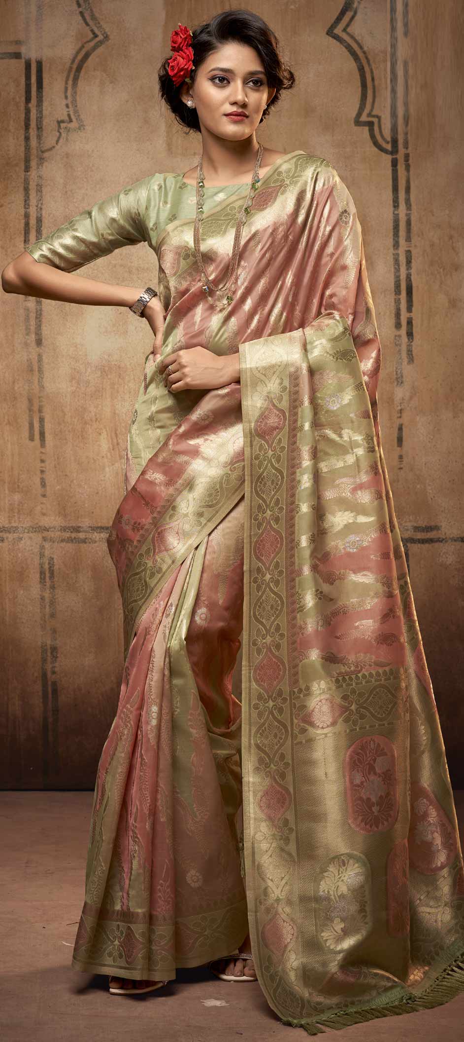 Traditional, Wedding Gold, Pink and Majenta color Organza Silk, Silk ...