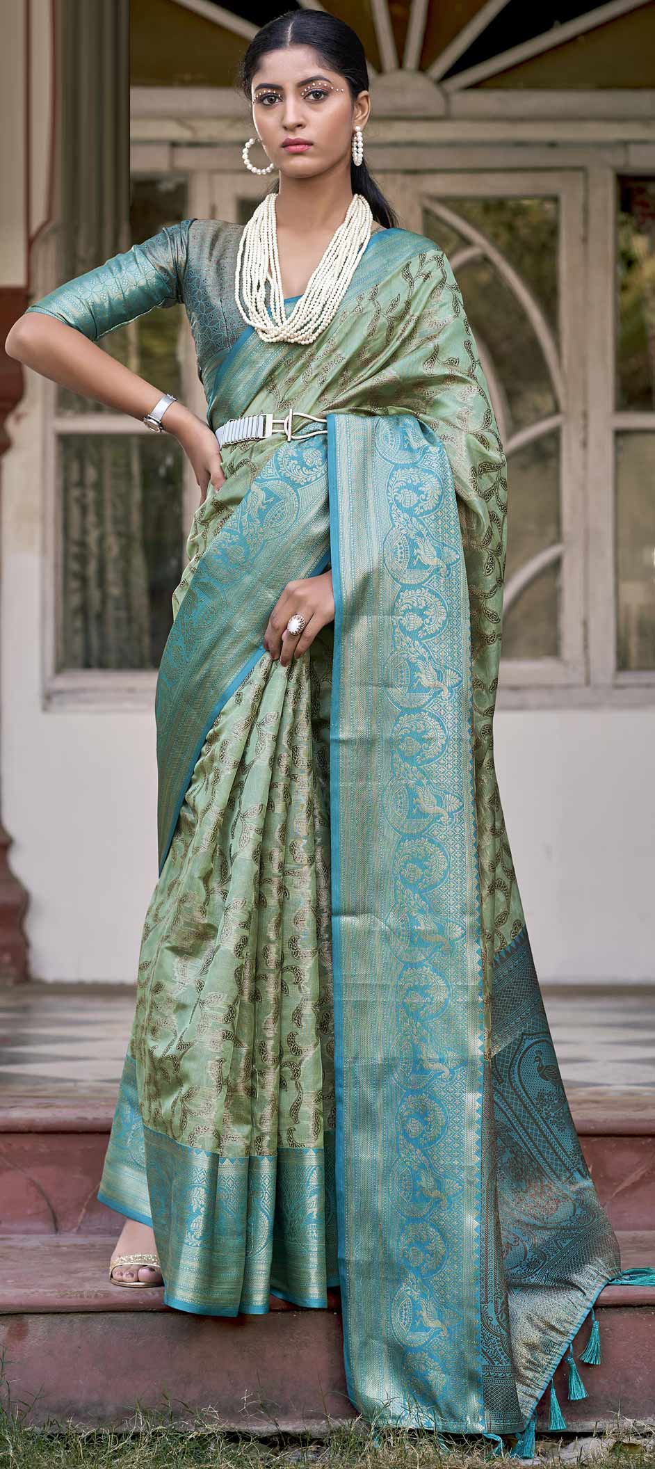 Festive, Reception, Traditional Green color Tissue fabric Saree : 1847426