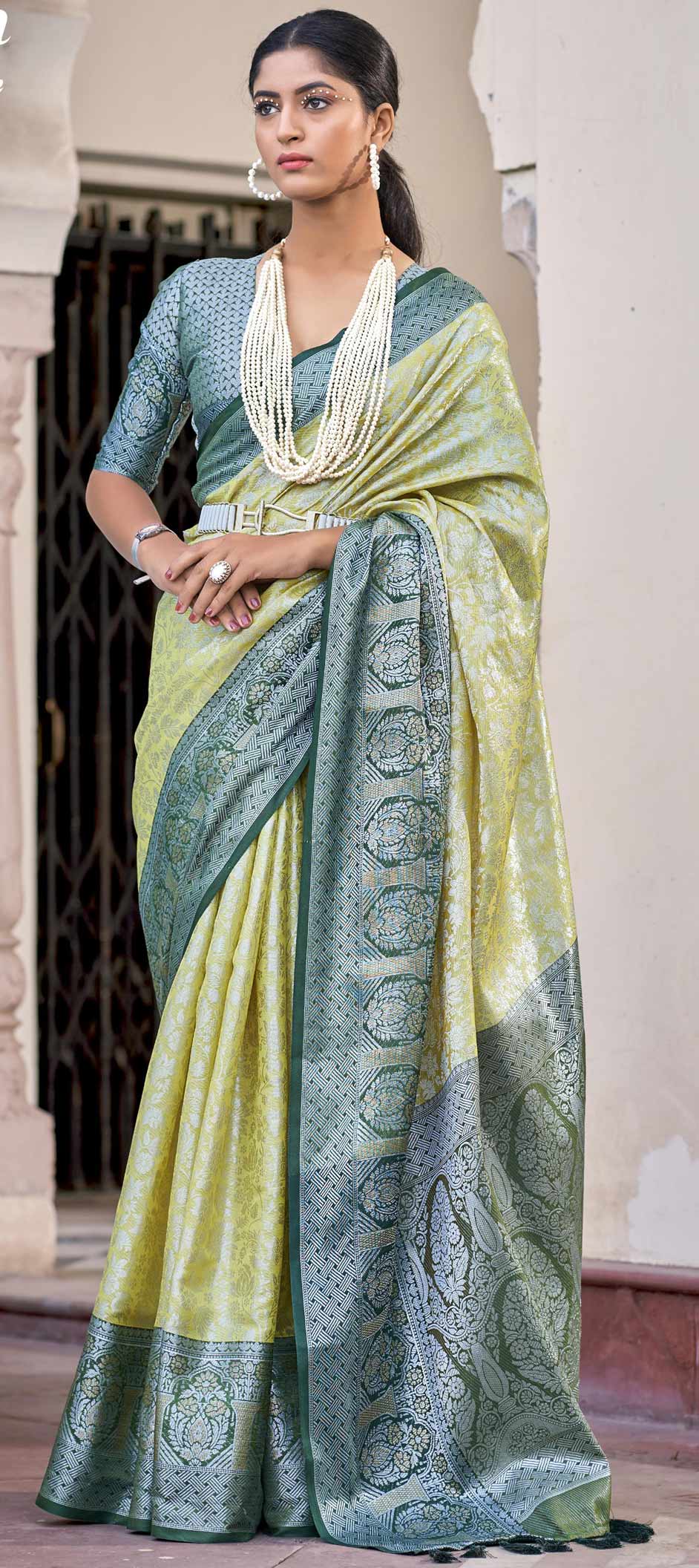 Festive, Reception, Traditional Green color Tissue fabric Saree : 1847431