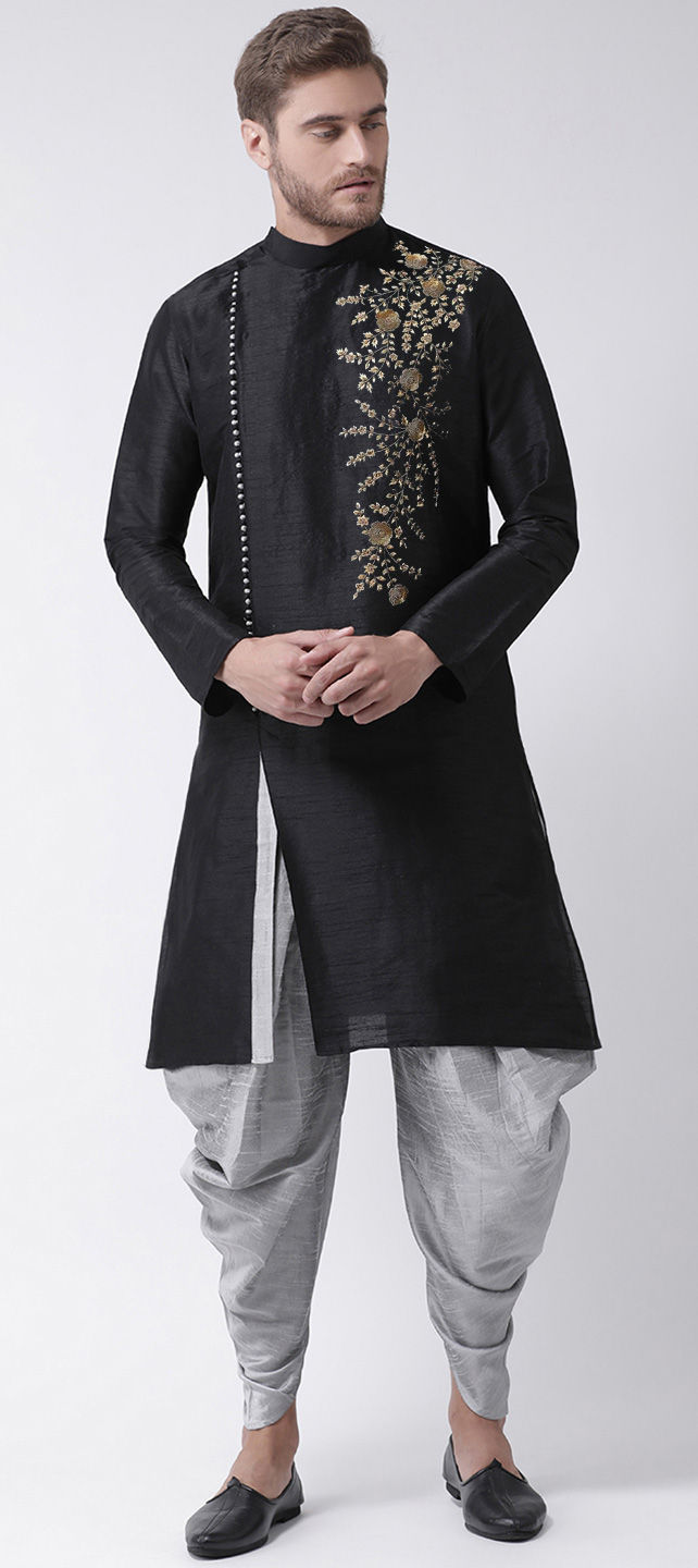 Black and Grey color Dupion Silk fabric Dhoti Kurta : 1847442
