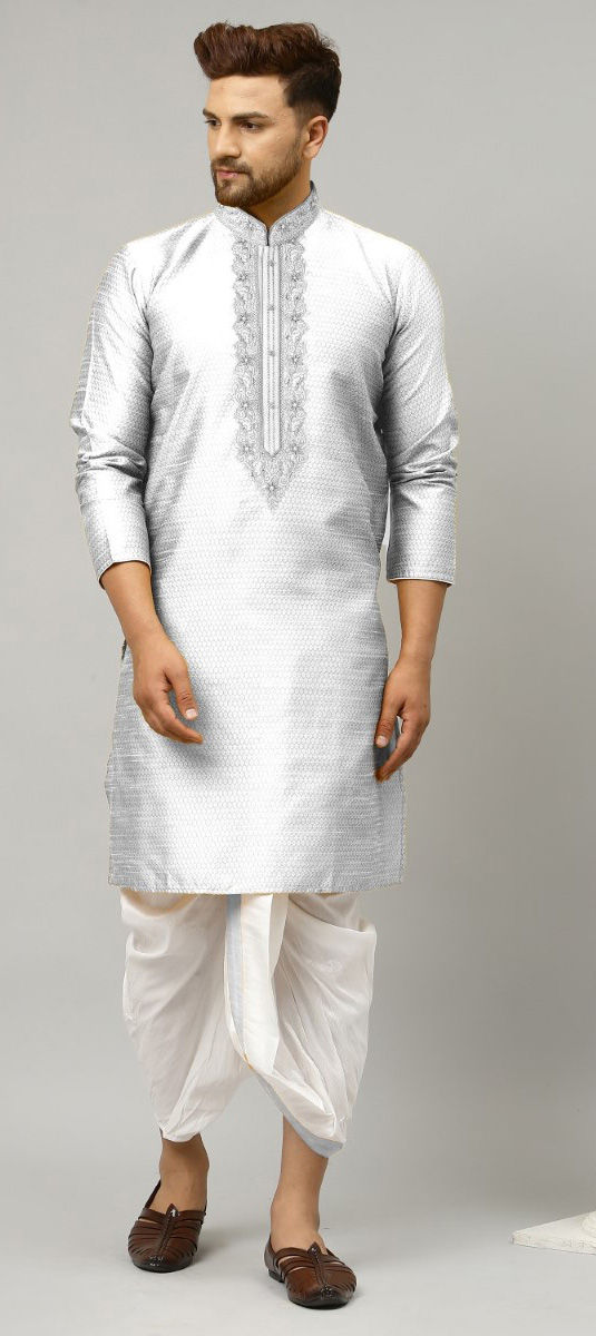 Black and Grey color Dupion Silk fabric Dhoti Kurta : 1847450