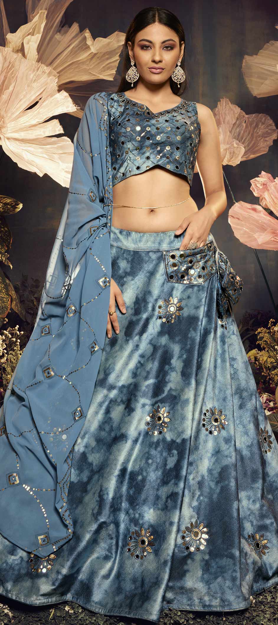Designer, Engagement, Reception Blue color Velvet fabric Lehenga : 1847494