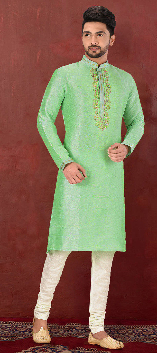 Green color Mulberry Silk fabric Kurta Pyjamas : 1848946