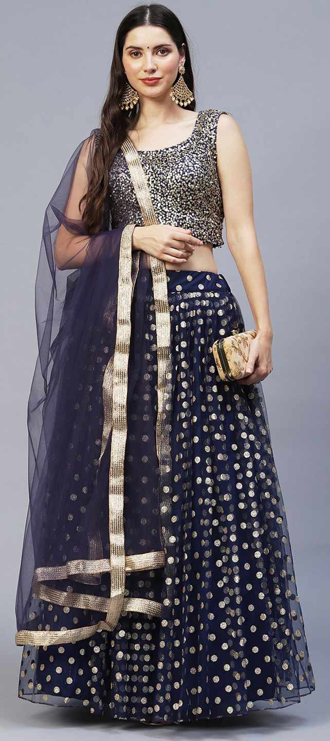 Mehendi Sangeet, Reception Blue color Net fabric Lehenga : 1849390