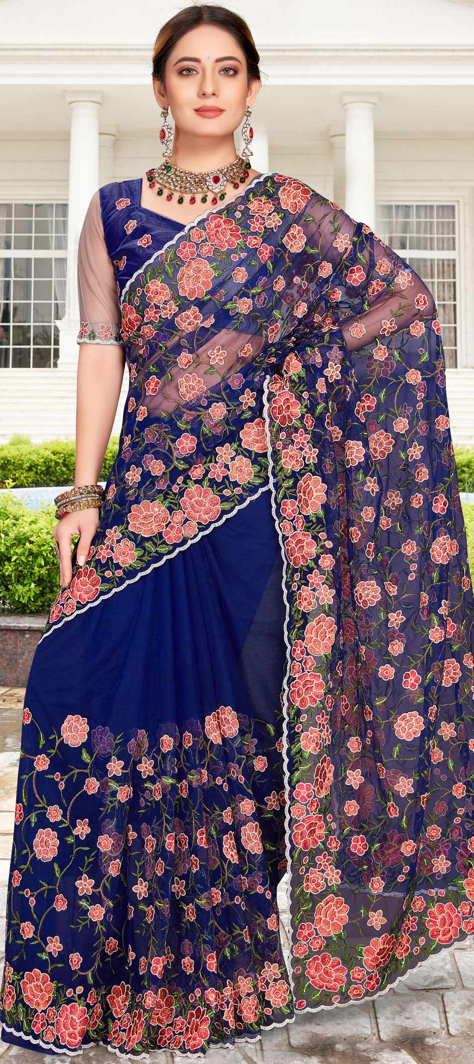 Reception, Wedding Blue color Net fabric Saree : 1849581