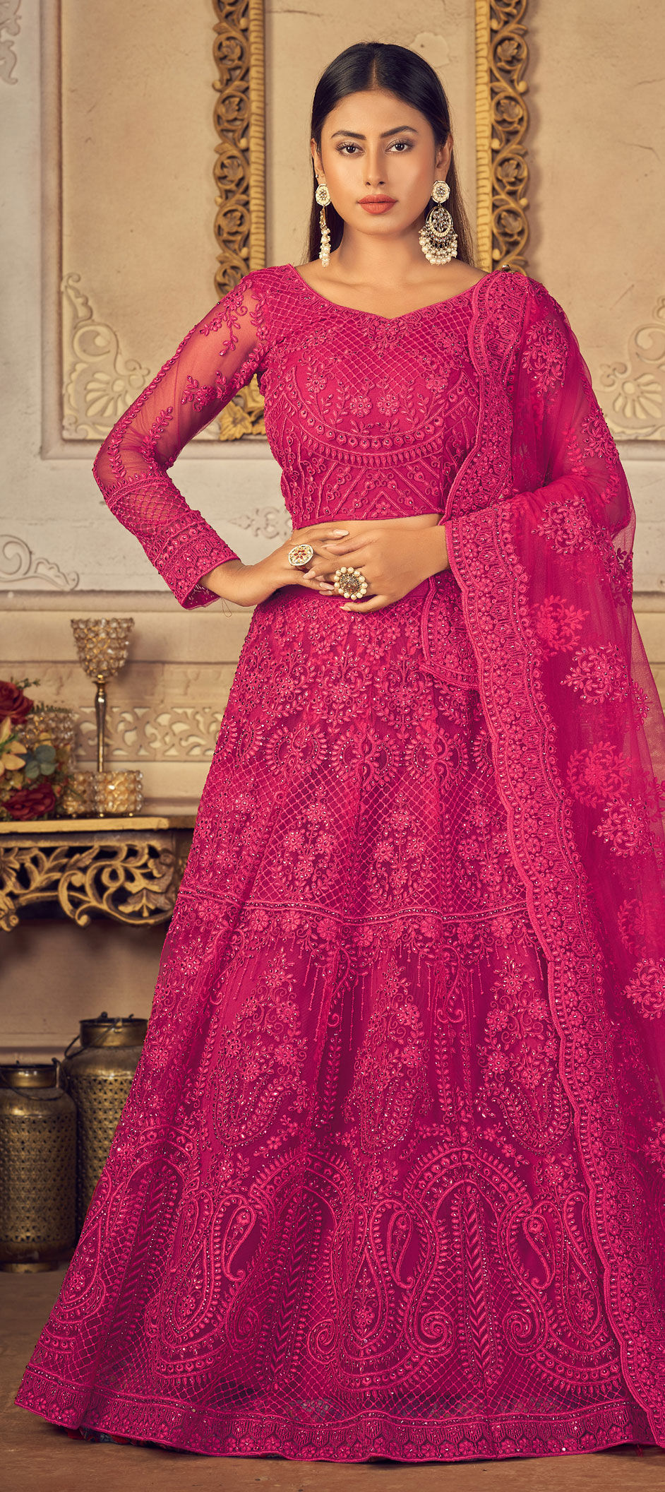 Festive, Reception, Wedding Pink and Majenta color Net fabric Lehenga ...