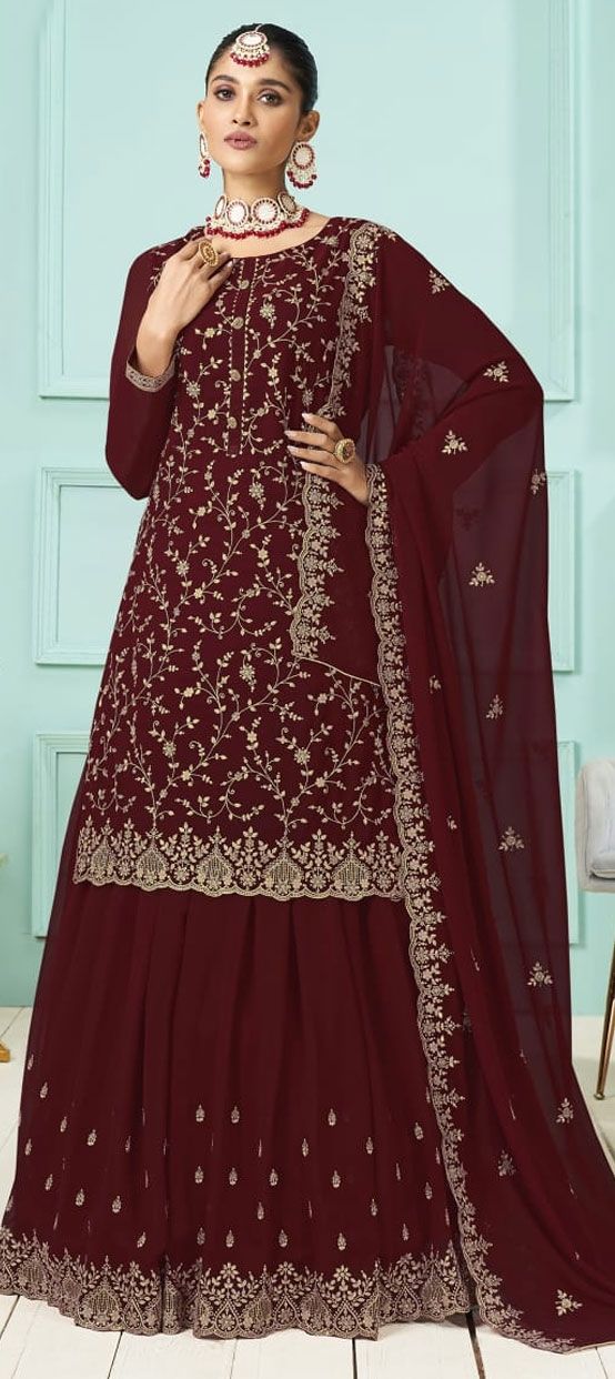 Reception, Wedding Red and Maroon color Faux Georgette fabric Salwar ...