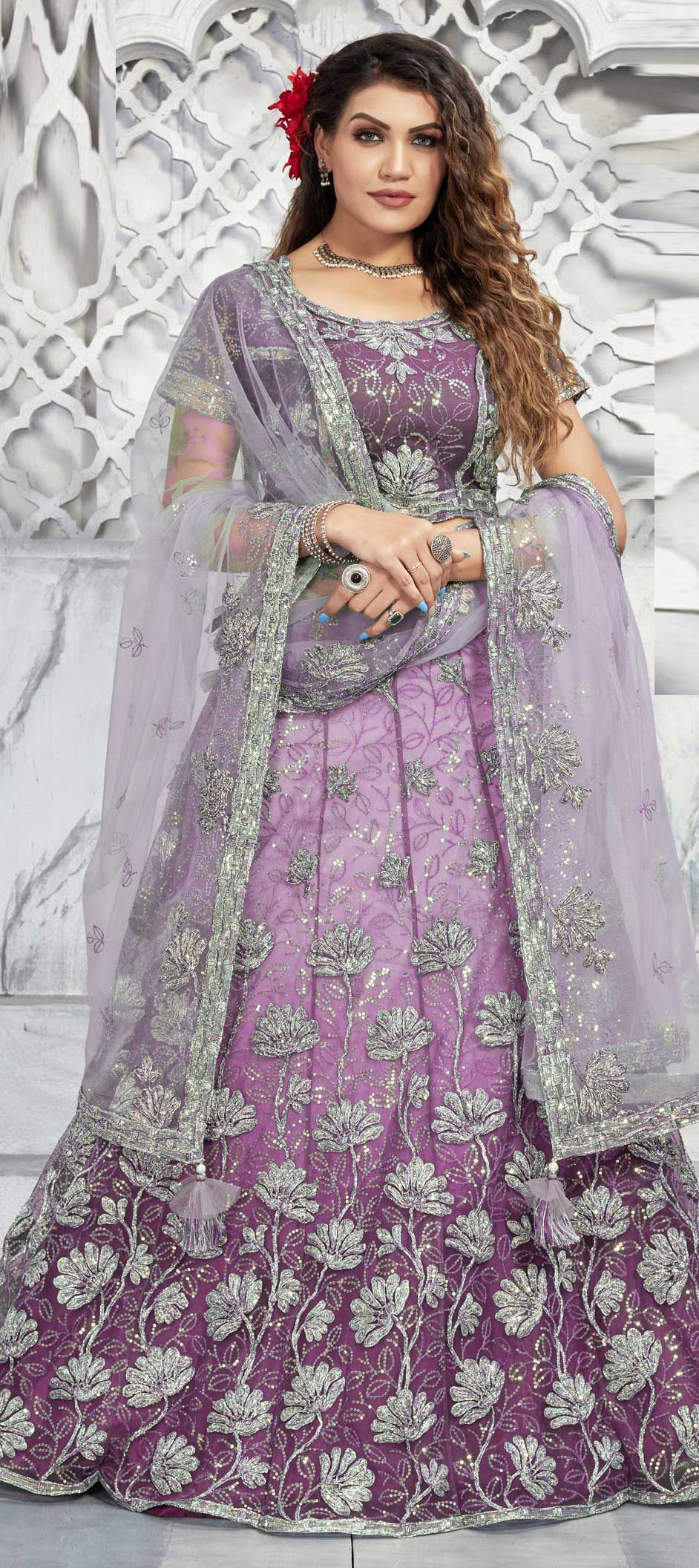 Bridal, Wedding Purple and Violet color Net fabric Lehenga : 1854206