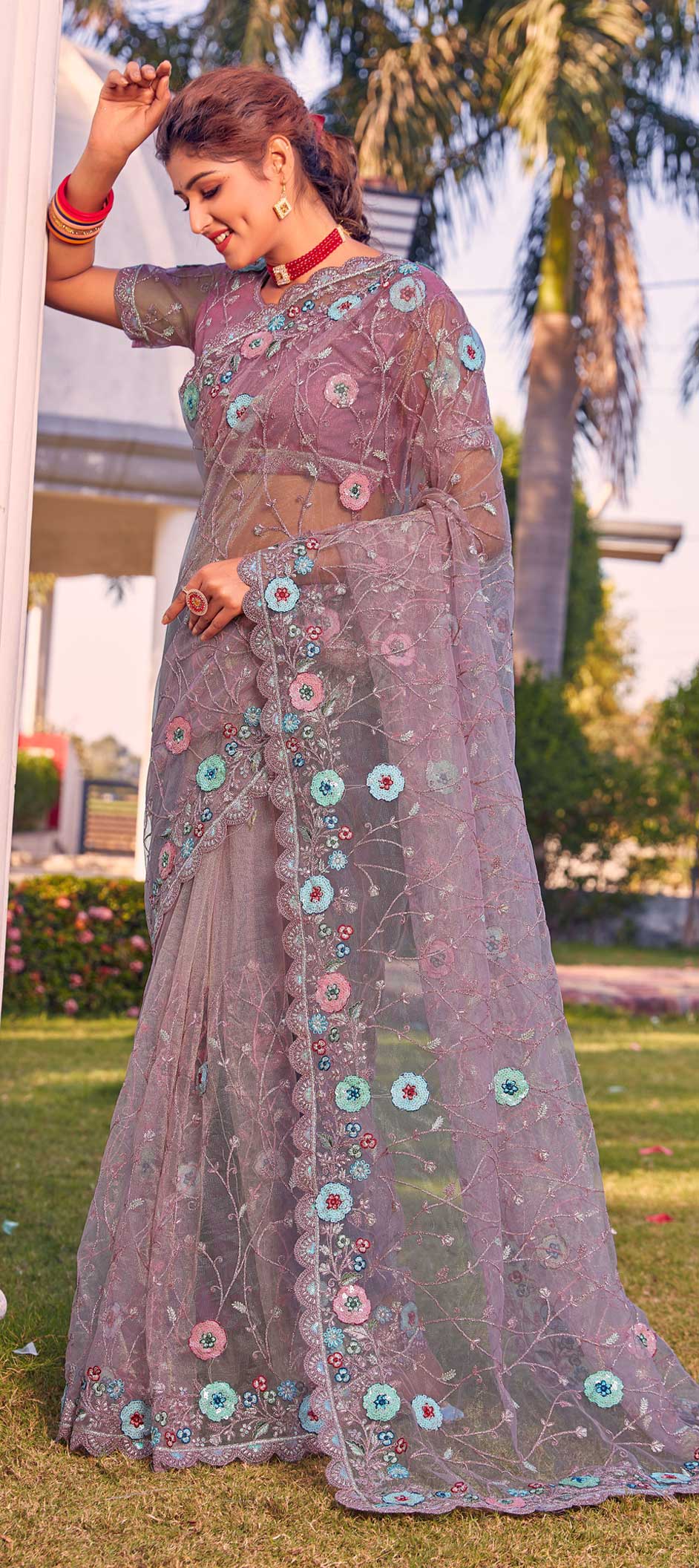 Reception, Wedding Purple and Violet color Net fabric Saree : 1854216