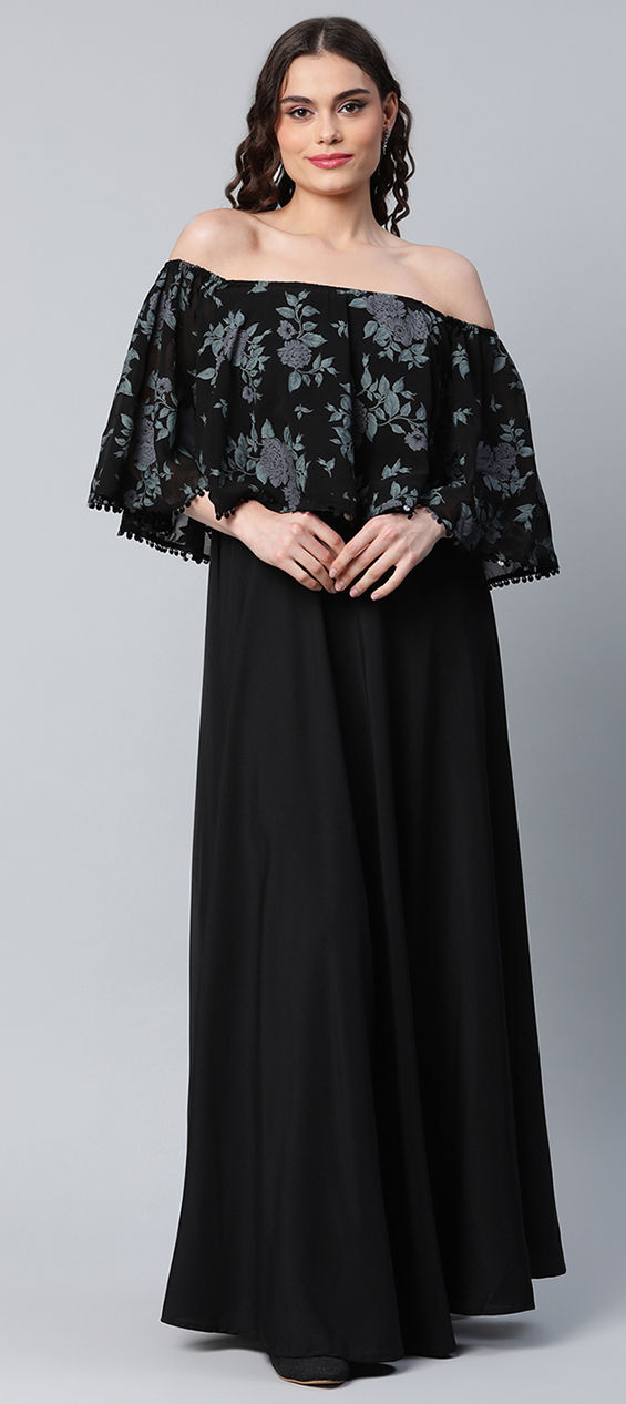 Party Wear Black and Grey color Crepe Silk fabric Dress : 1854269