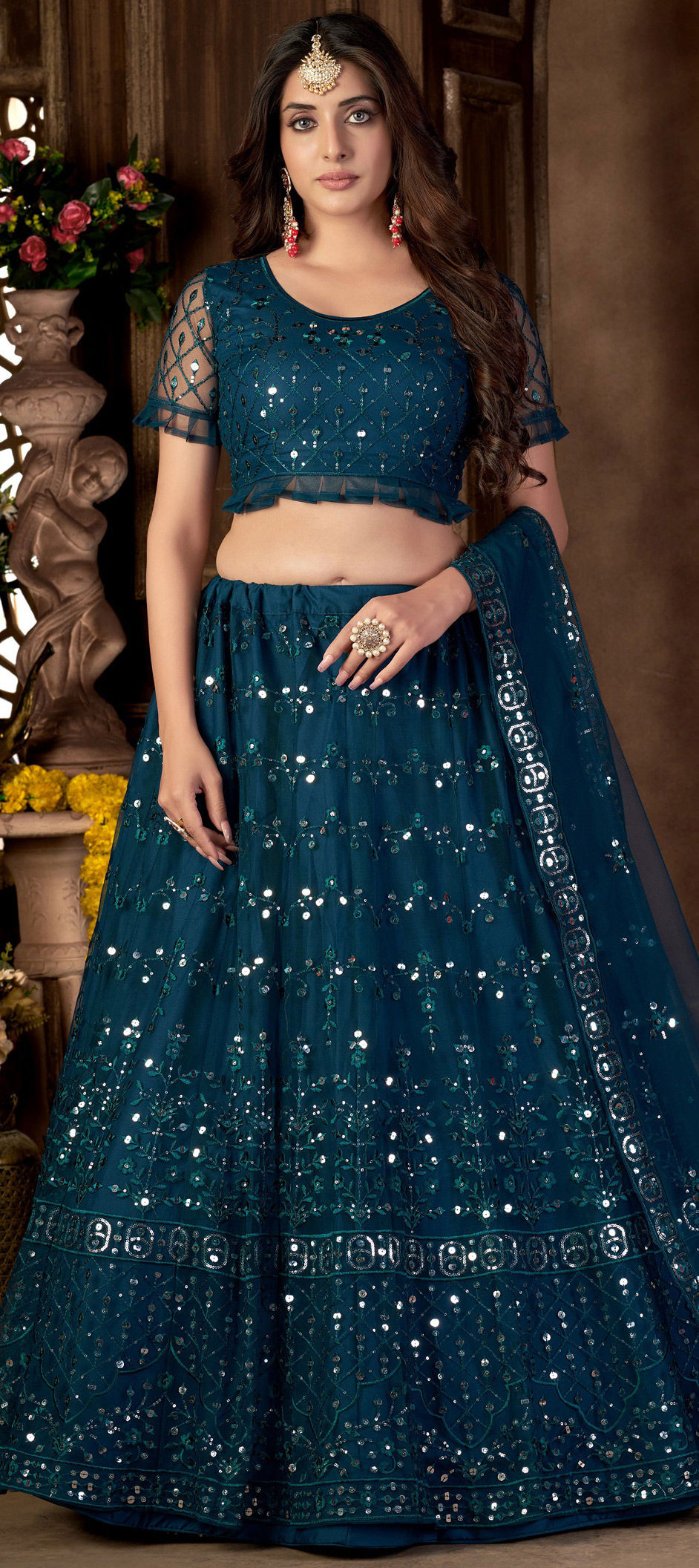Reception, Wedding Blue color Net fabric Lehenga : 1854306